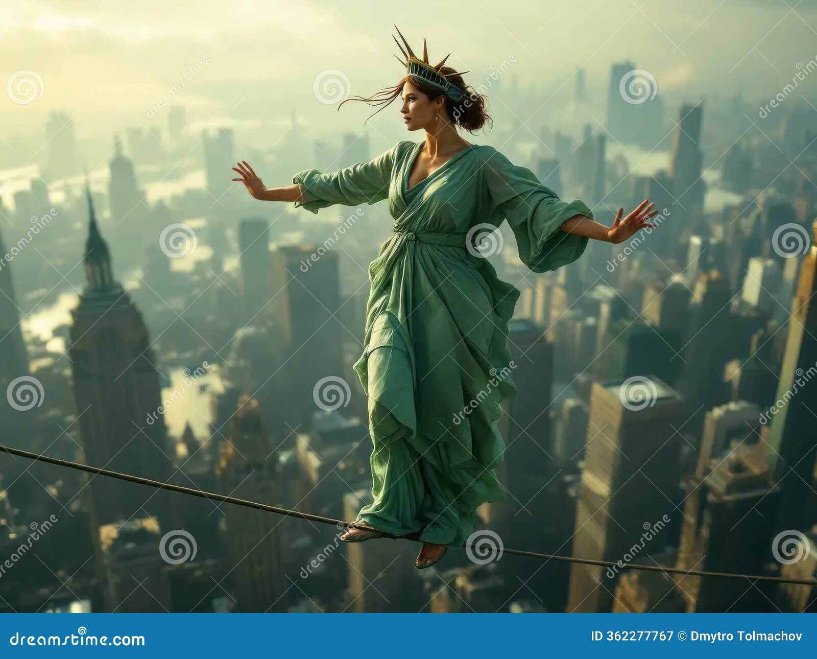 The Statue of Freedom Balances on the Rope Over the Metropolis. Concept ...