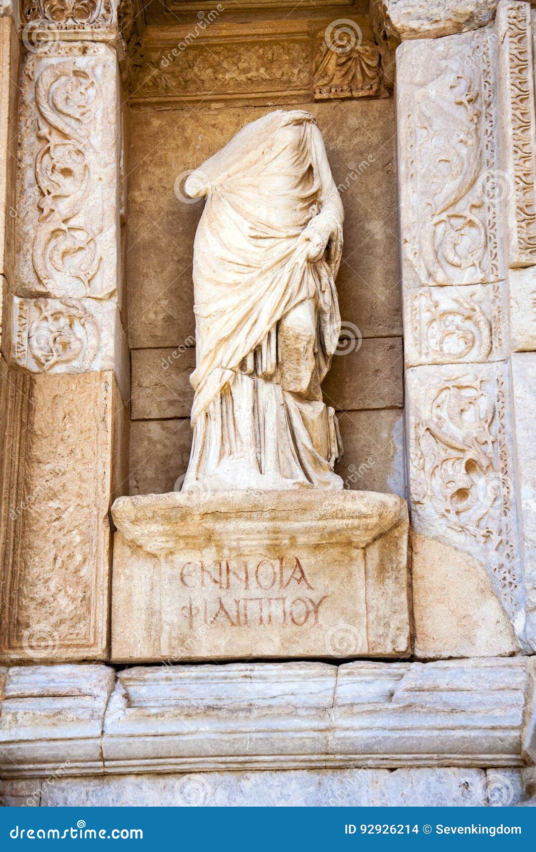 Statue in Front of the Celsus Library, Ephesus, Stock Photo - Image of ...