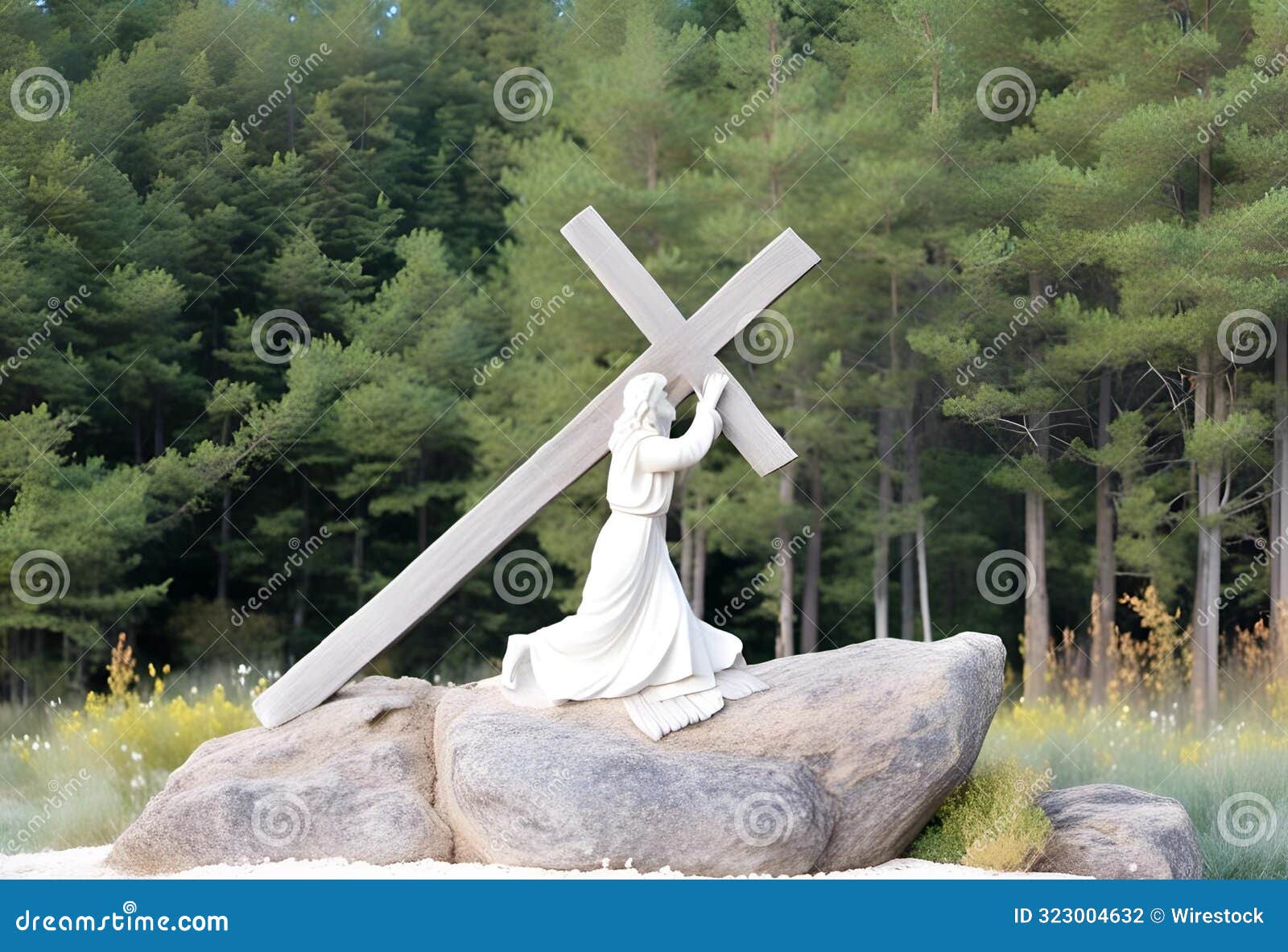 A Statue of Jesus Carrying the Cross in a Serene Forest Setting. Stock ...