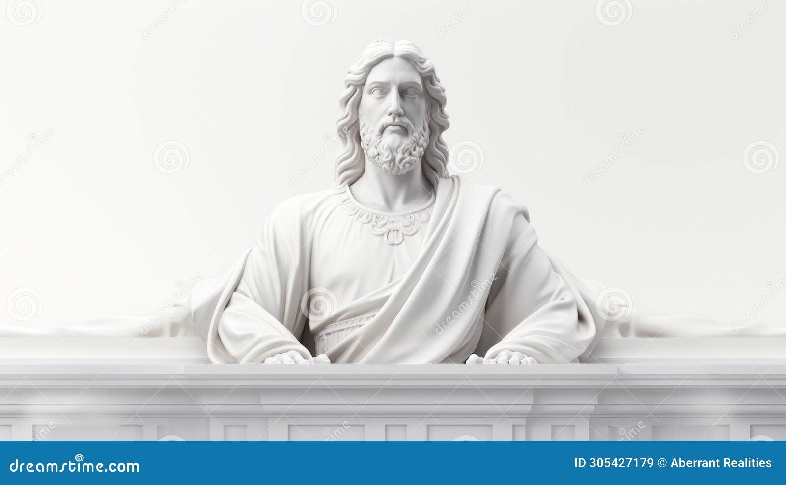 A Statue of Jesus Sitting on a Bench in Front of a White Wall Stock ...
