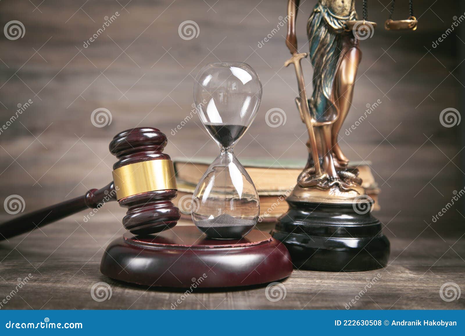 Statue of Lady Justice, Hourglass, Book and Gavel Stock Photo - Image ...