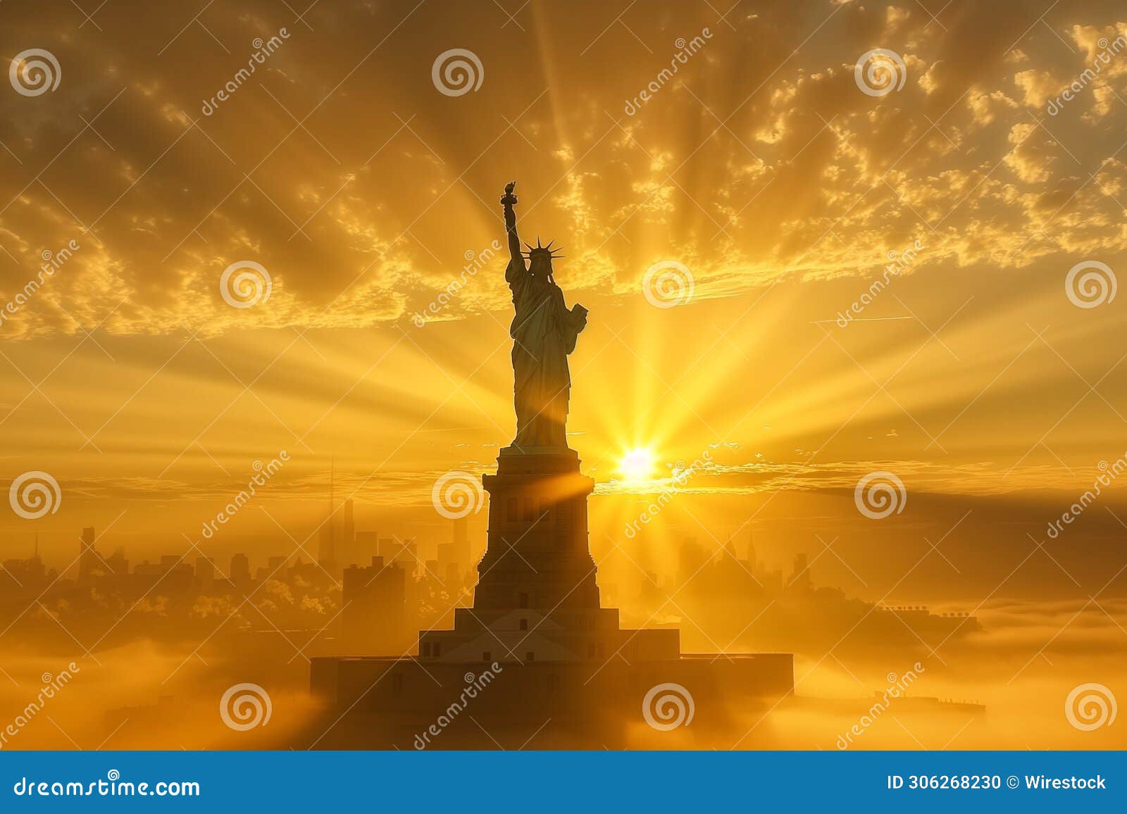Statue of Liberty in a Golden Setting with Radiant Rays, AI-generated ...