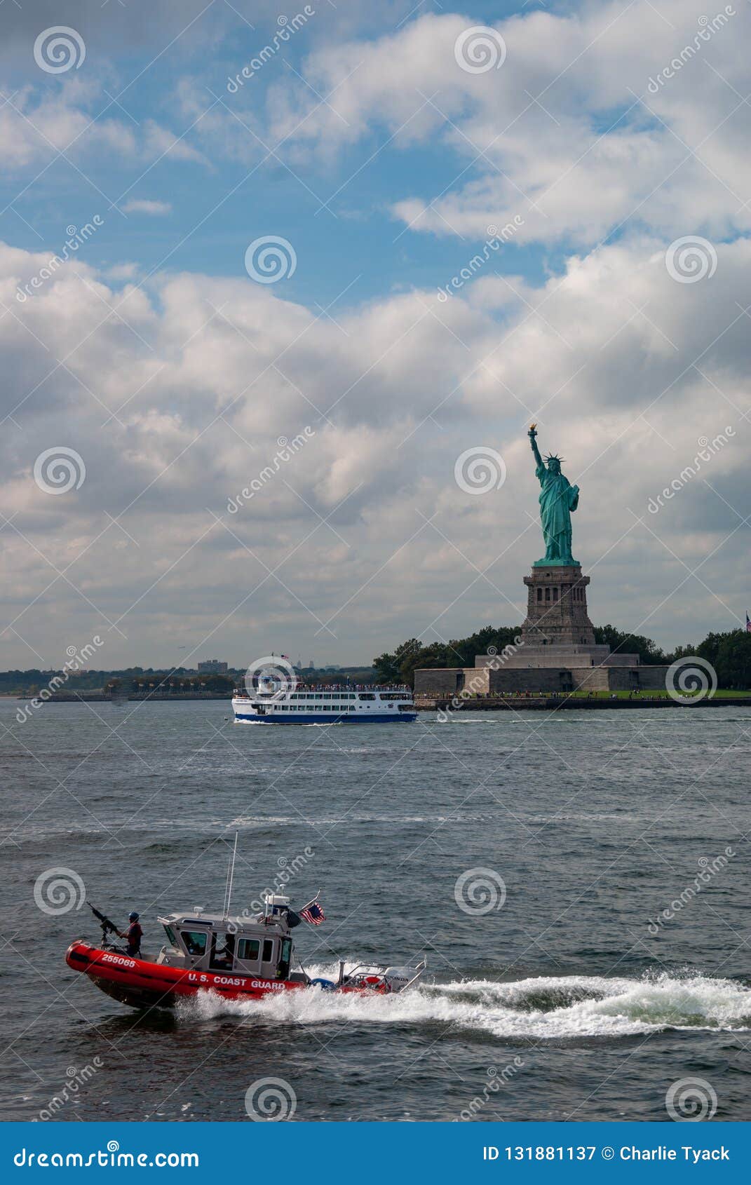 Statue of Liberty and Gunboat of US Coast Guard - in Colour, Portrait ...