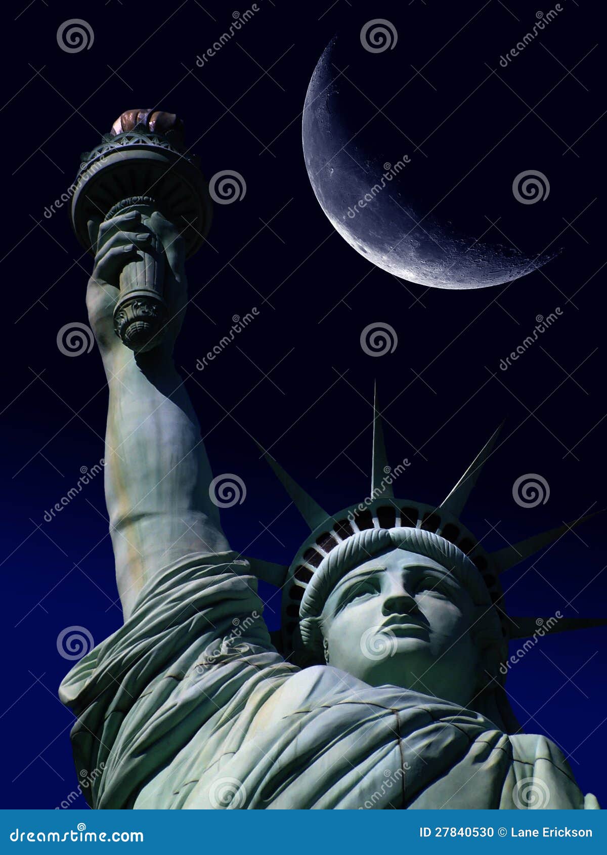 Statue of Liberty with Large Moon Stock Photo - Image of architecture ...