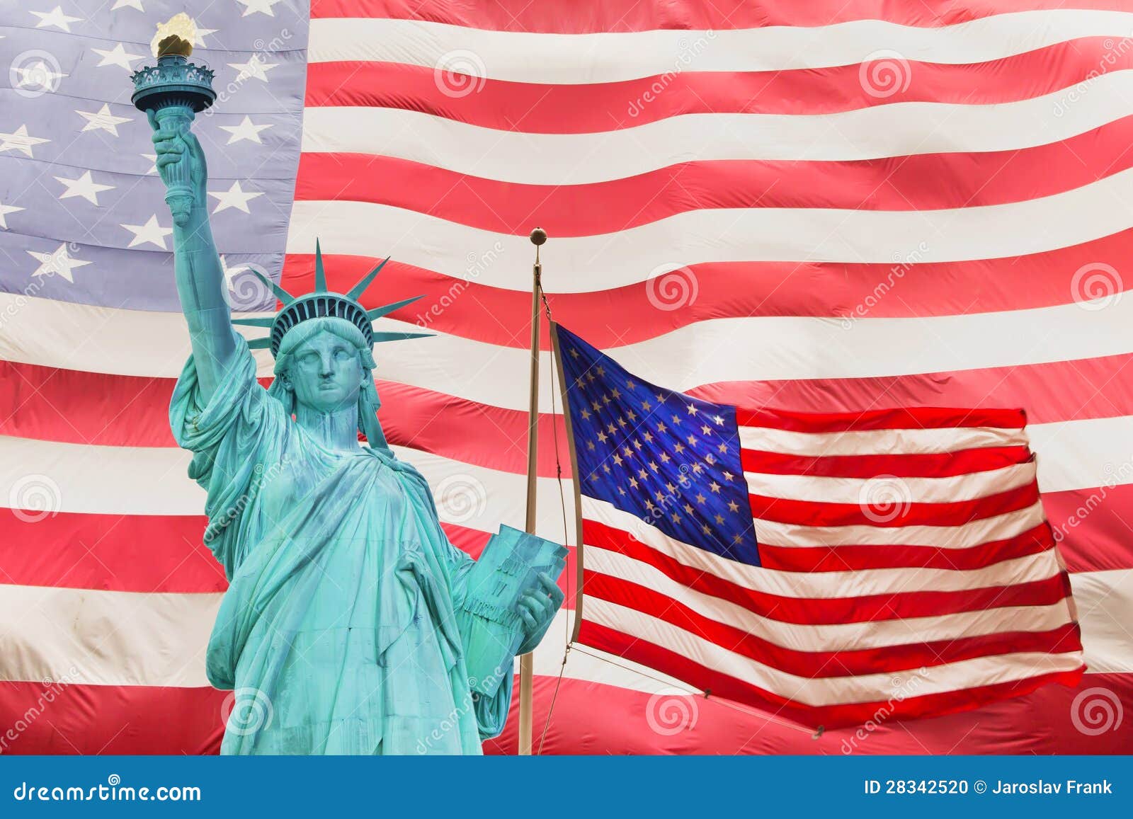 Statue of Liberty and Two American Flag Stock Photo - Image of design ...