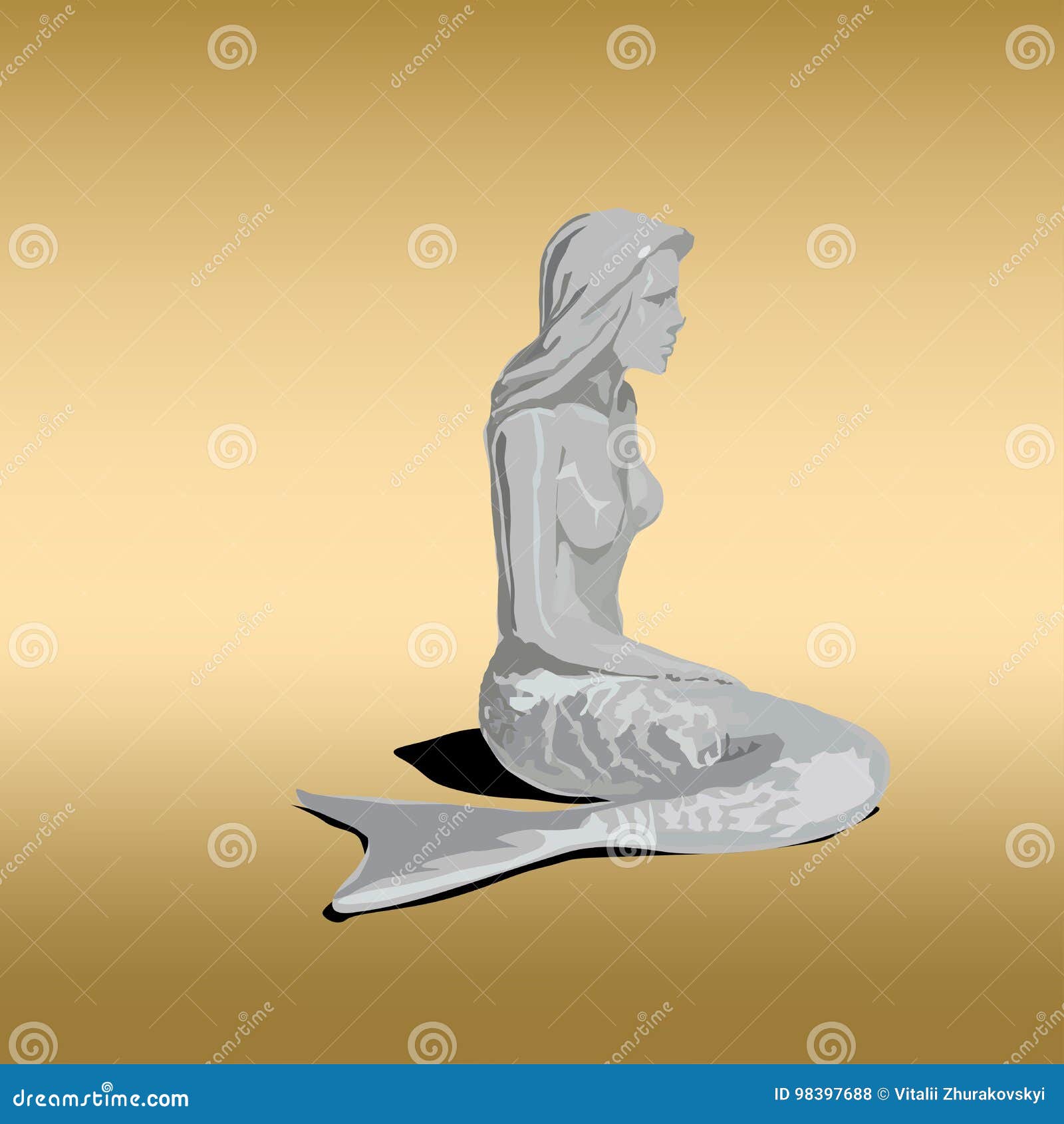 Statue Of Mermaid Girl With Tail And Shadow On Gold Background. Royalty ...