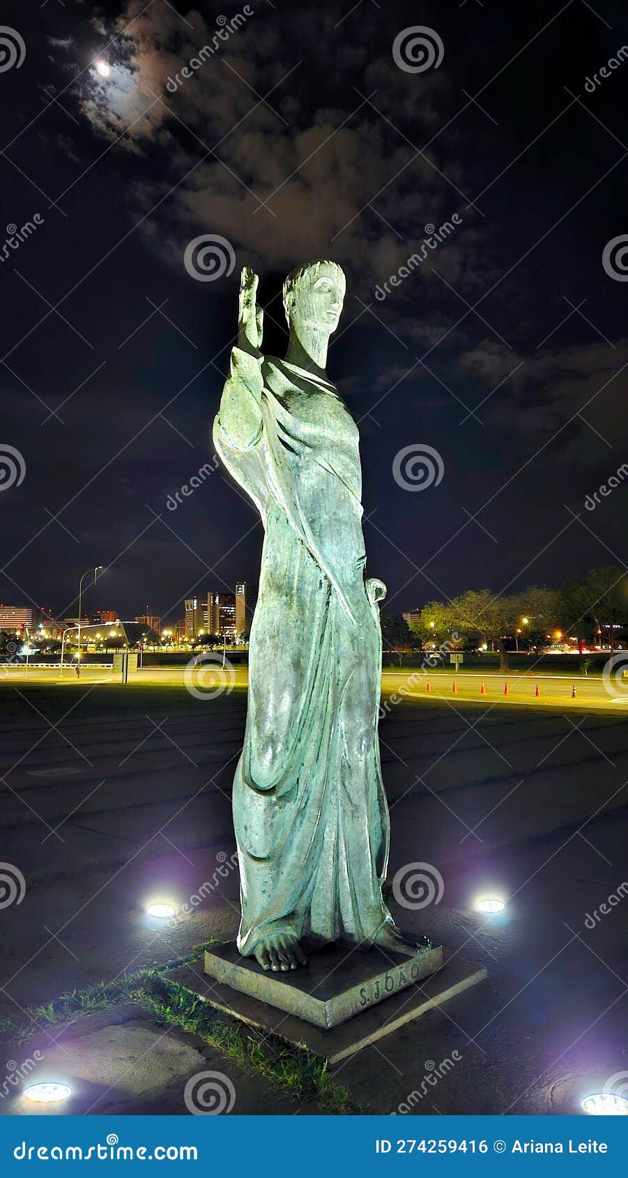 Statue at Night with Moon in the Sky Stock Photo - Image of cityscape ...