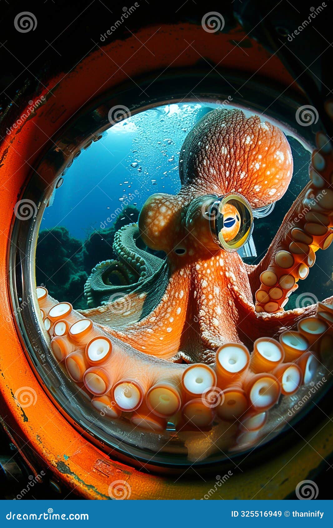 Octopus Looking through a Submarine Window at a Diver Stock ...