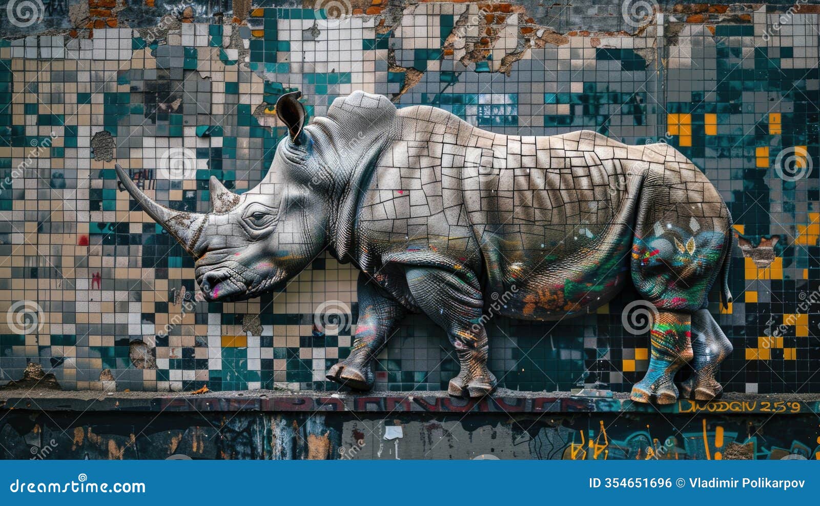 A Statue of a Rhino Standing in Front of a Decorative Tiled Wall ...