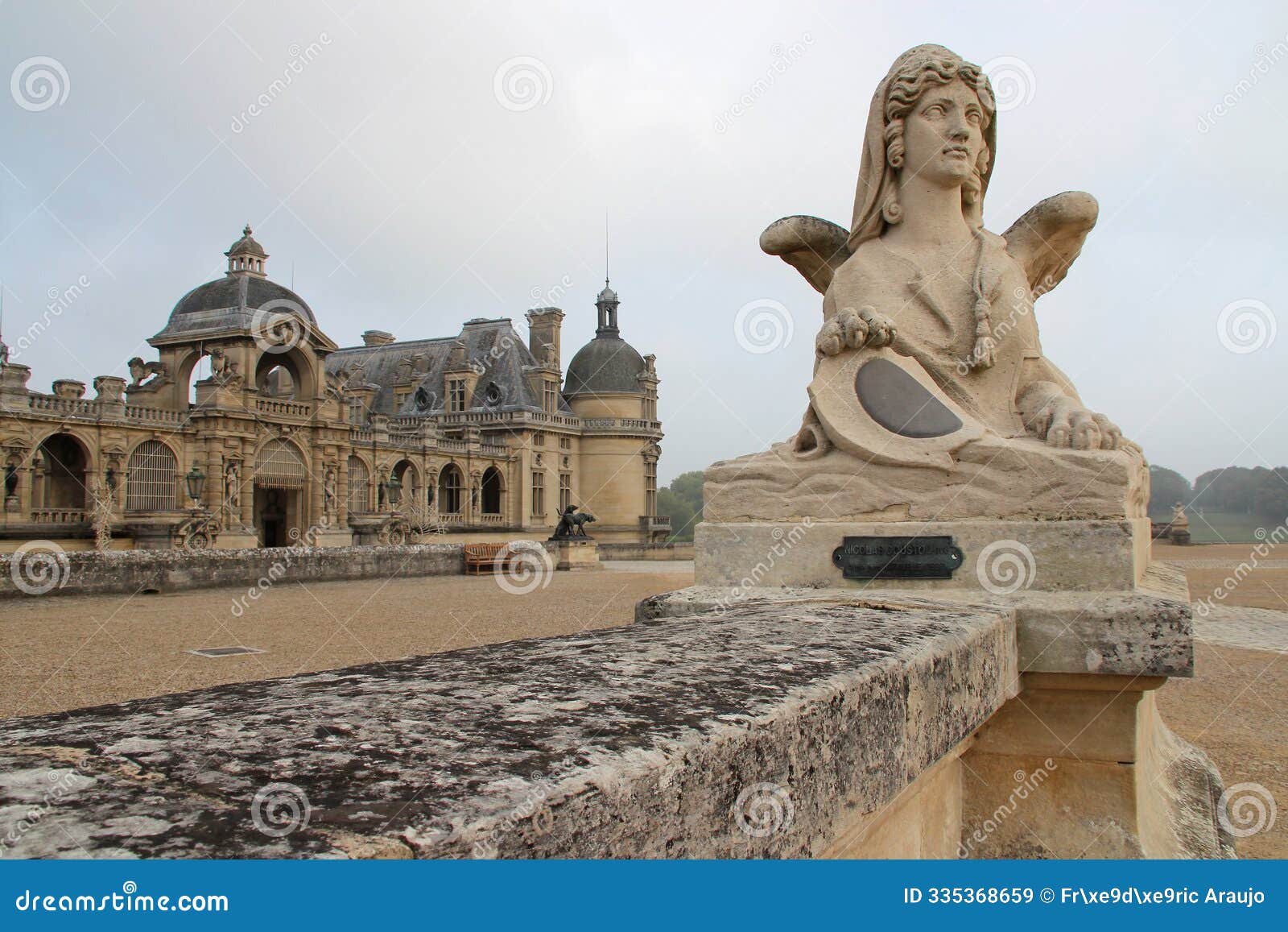 Statue of a Sphinge and Castle in Chantilly - France Stock Image ...