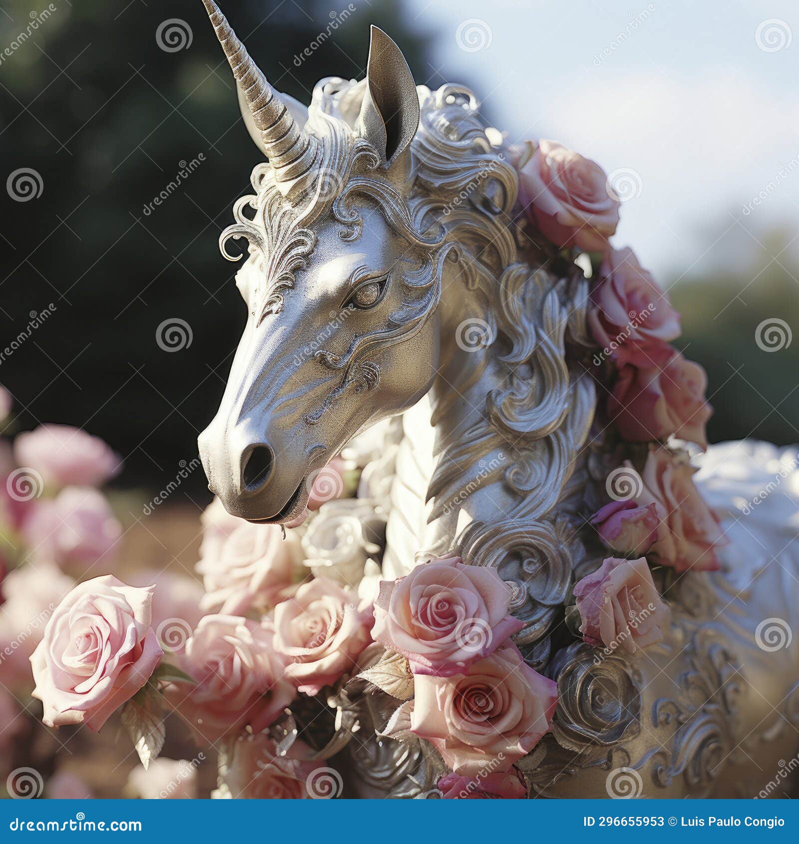 A Beautiful Unicorn Statue Surrounded by Vibrant Pink Roses Stock Image ...