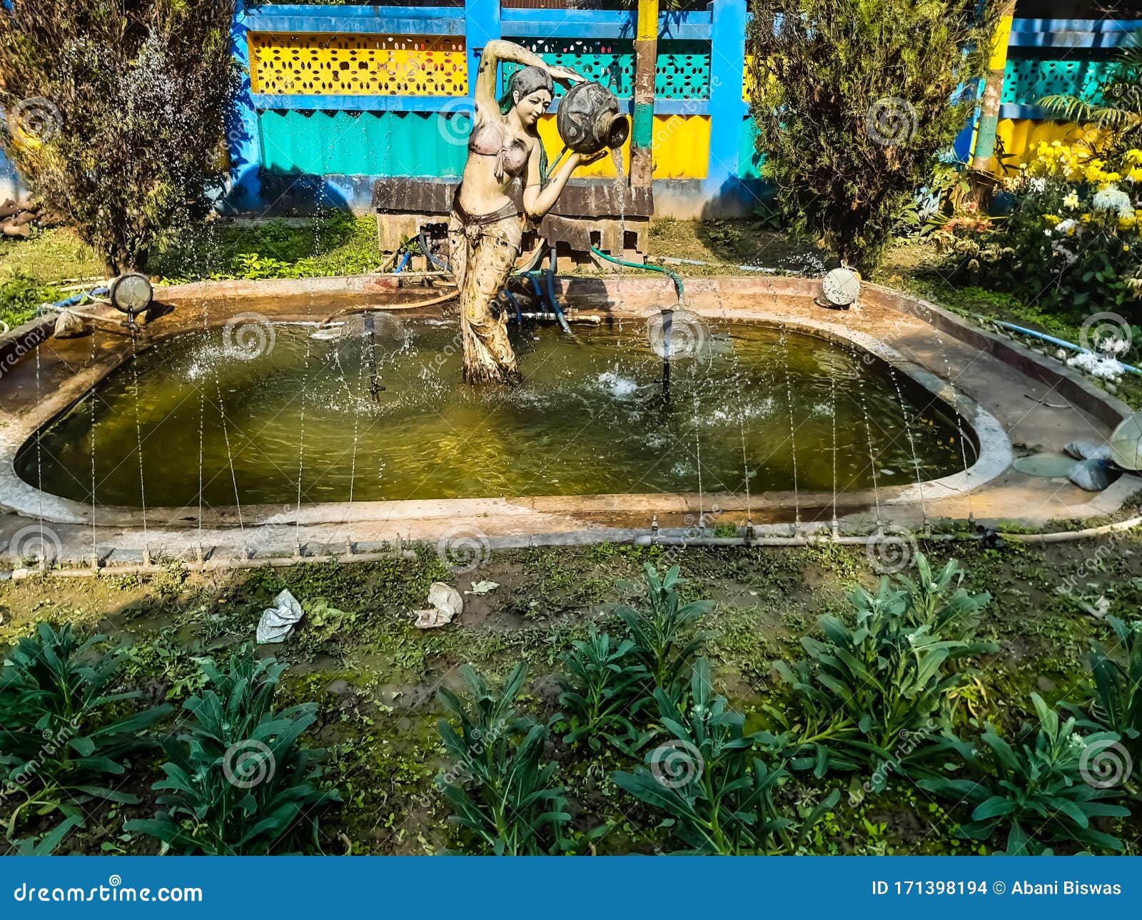 Statue, Waterfall and Green Tree in the Park Stock Photo - Image of ...
