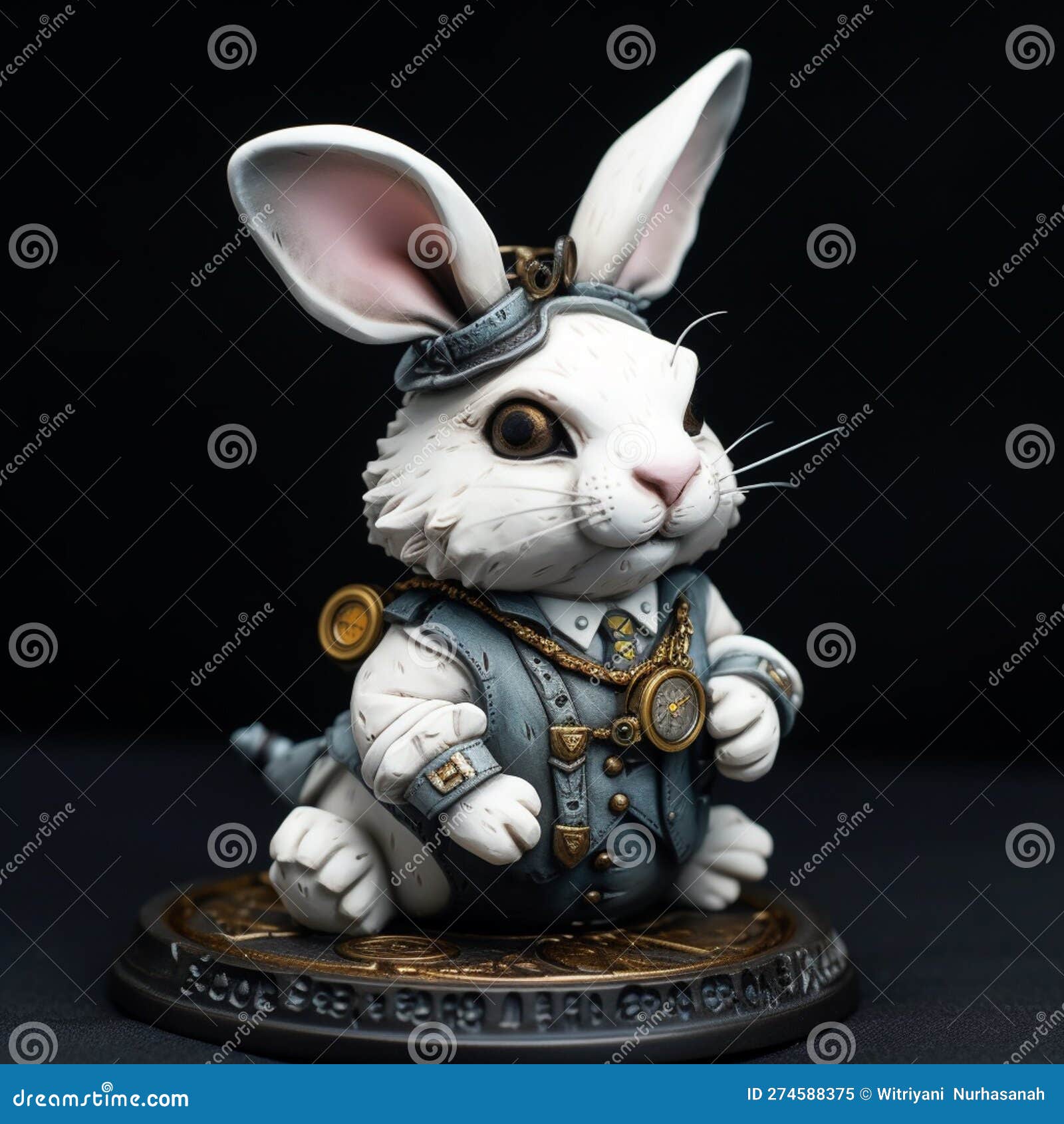 Statue White Bunny with Clock on Dark Background. the Rabbit is Late ...
