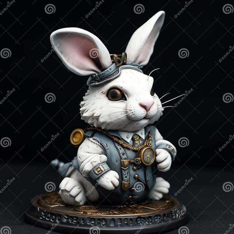Statue White Bunny with Clock on Dark Background. the Rabbit is Late ...