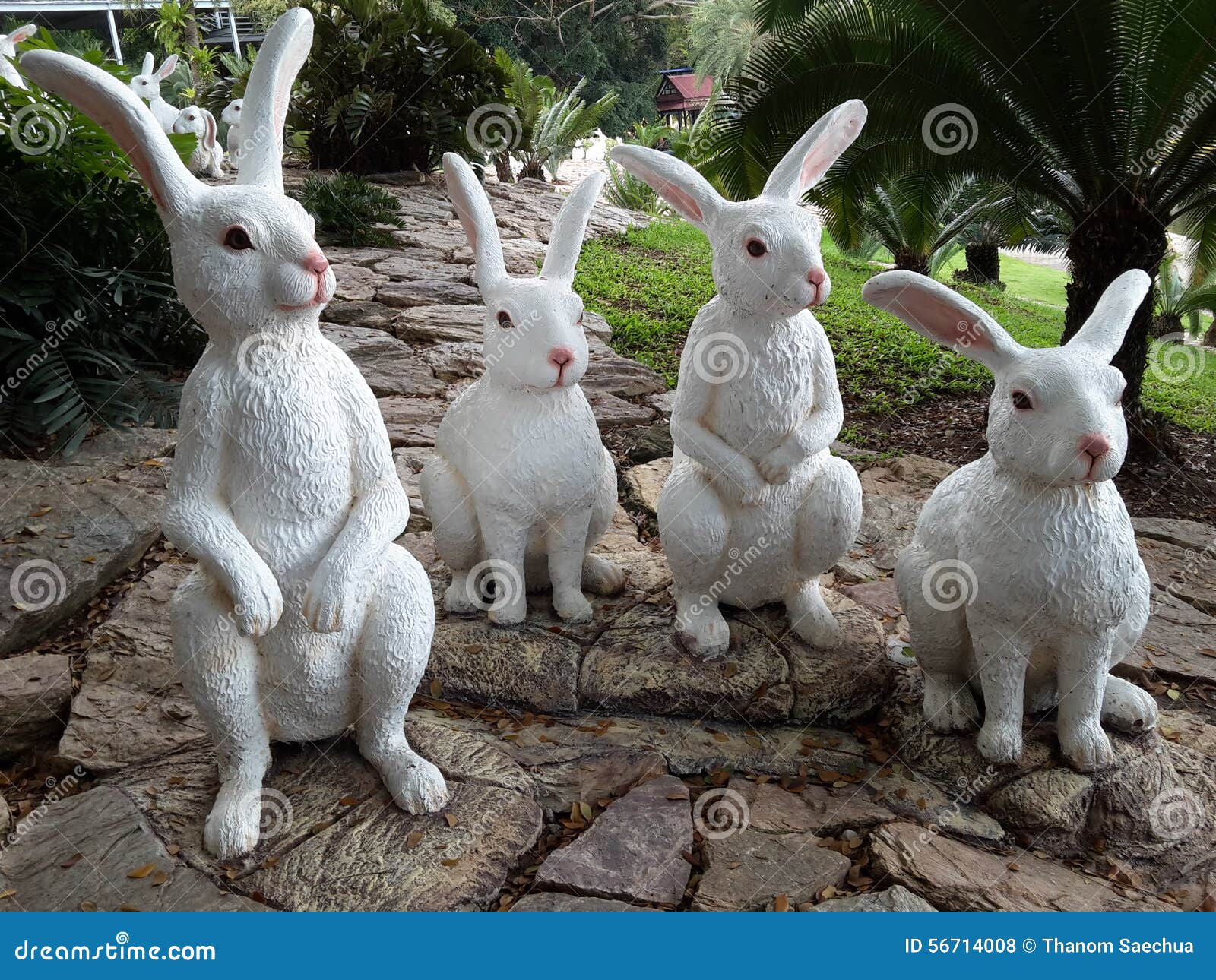 Statue of White Rabbits in the Garden Stock Photo - Image of rock ...