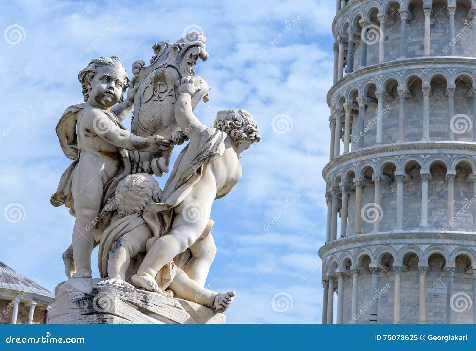 Statues of Angels and Leaning Tower in Pisa, Italy Stock Image - Image ...