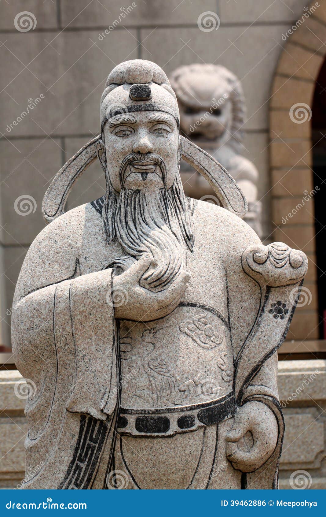 Statues of Chinese Deity and Lion Sculpture. Stock Photo - Image of ...