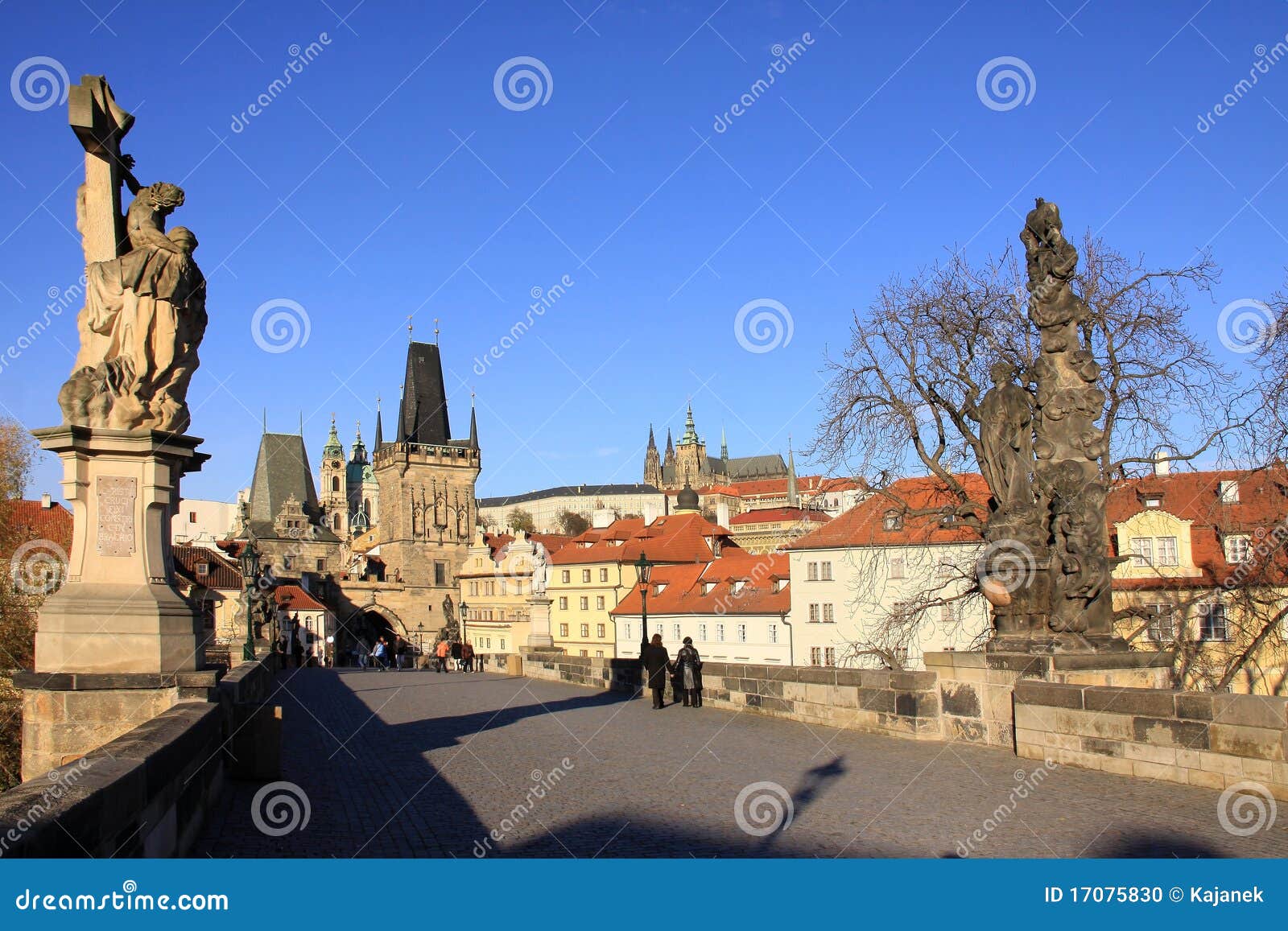 Statues on the Prague Charles Bridge with Castle Stock Photo - Image of ...