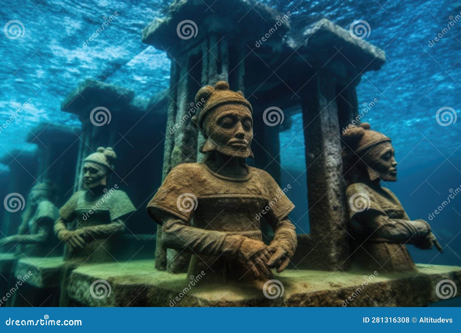 Statues in an Underwater Archaeological Site Stock Illustration ...