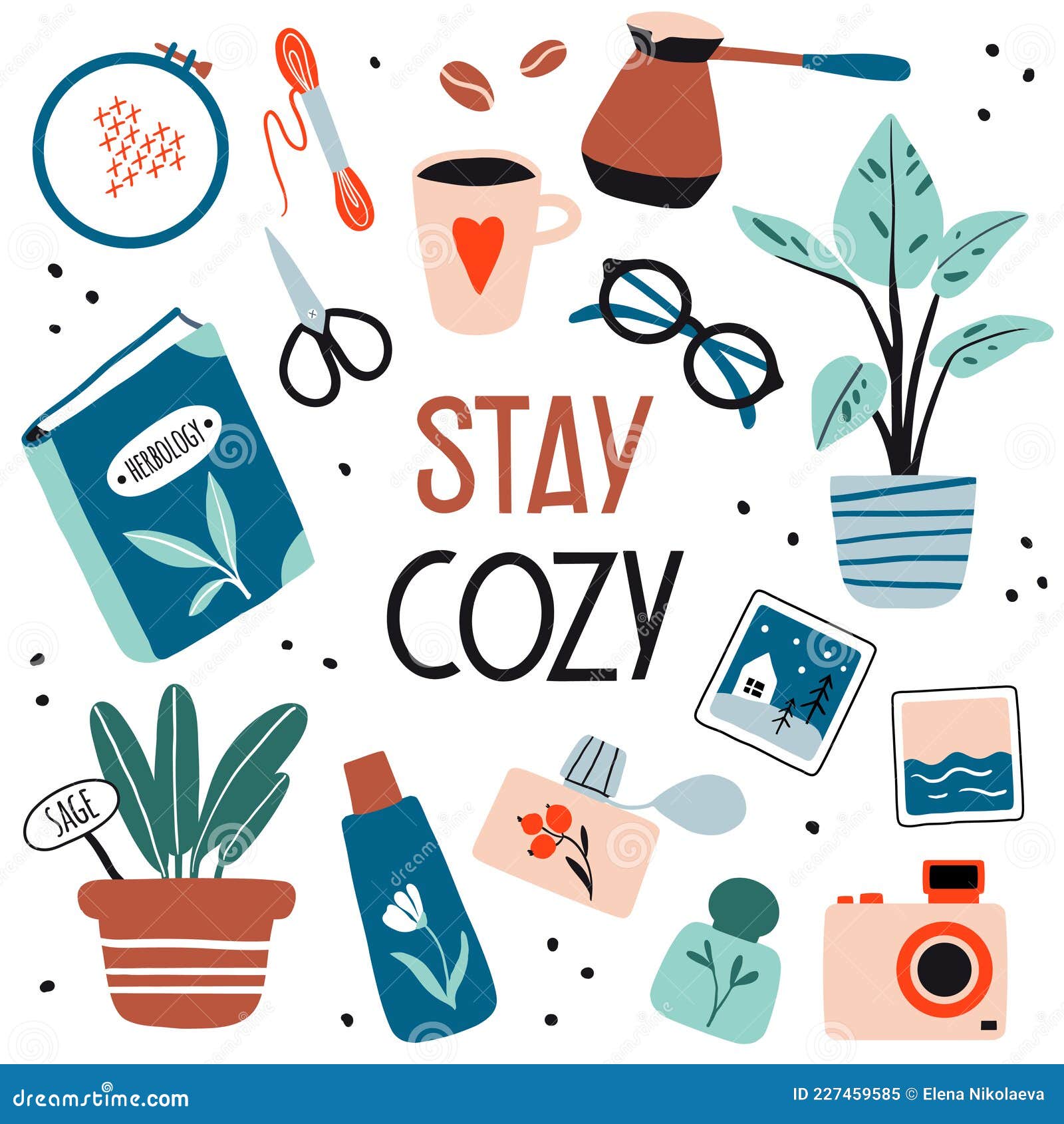 Stay Cozy. Illustration with Cute Things and Objects Stock Vector ...