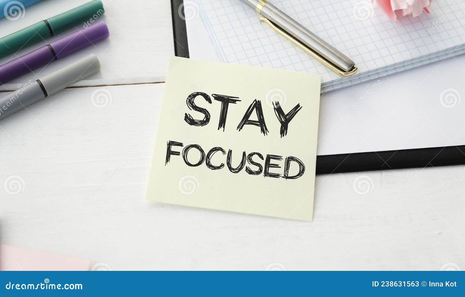 STAY FOCUSED Man Hand Notebook and Other Office Equipment Such Stock ...