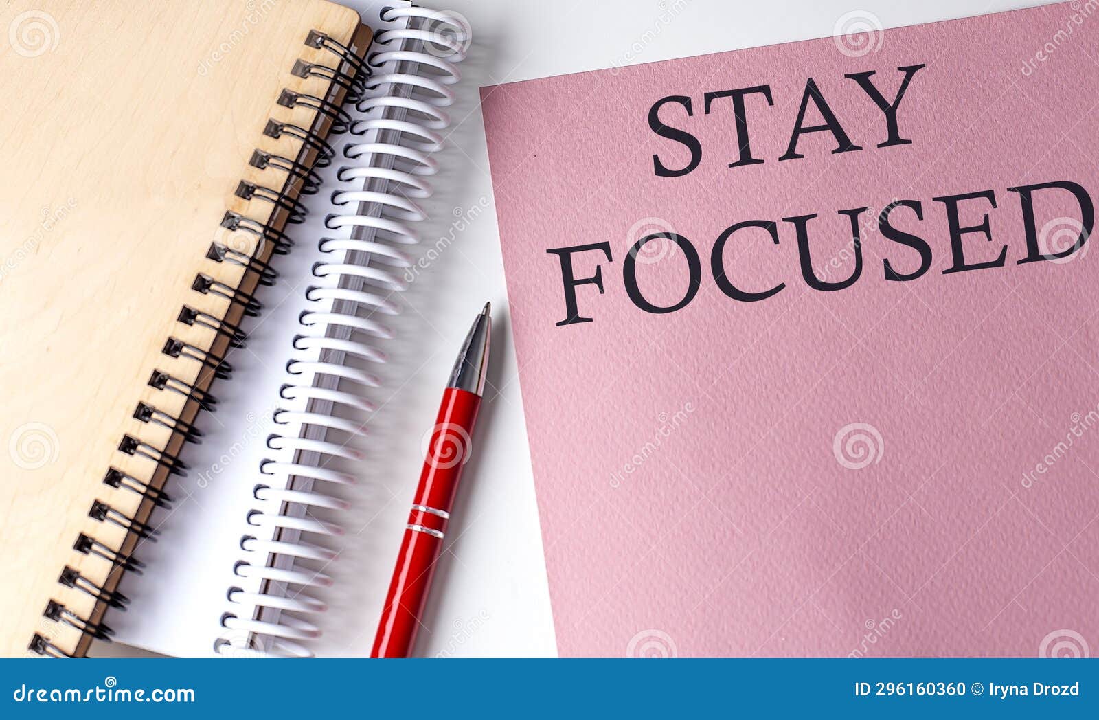 STAY FOCUSED Word on the Pink Paper with Office Tools on White ...