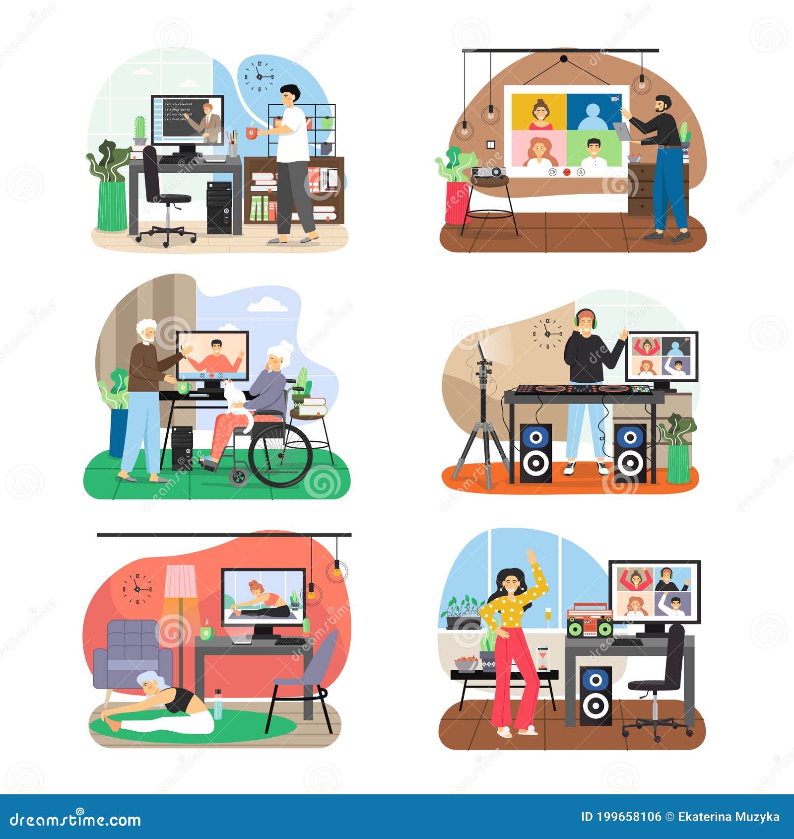 Stay Home in Quarantine Scene Set, Flat Vector Illustration. Video ...