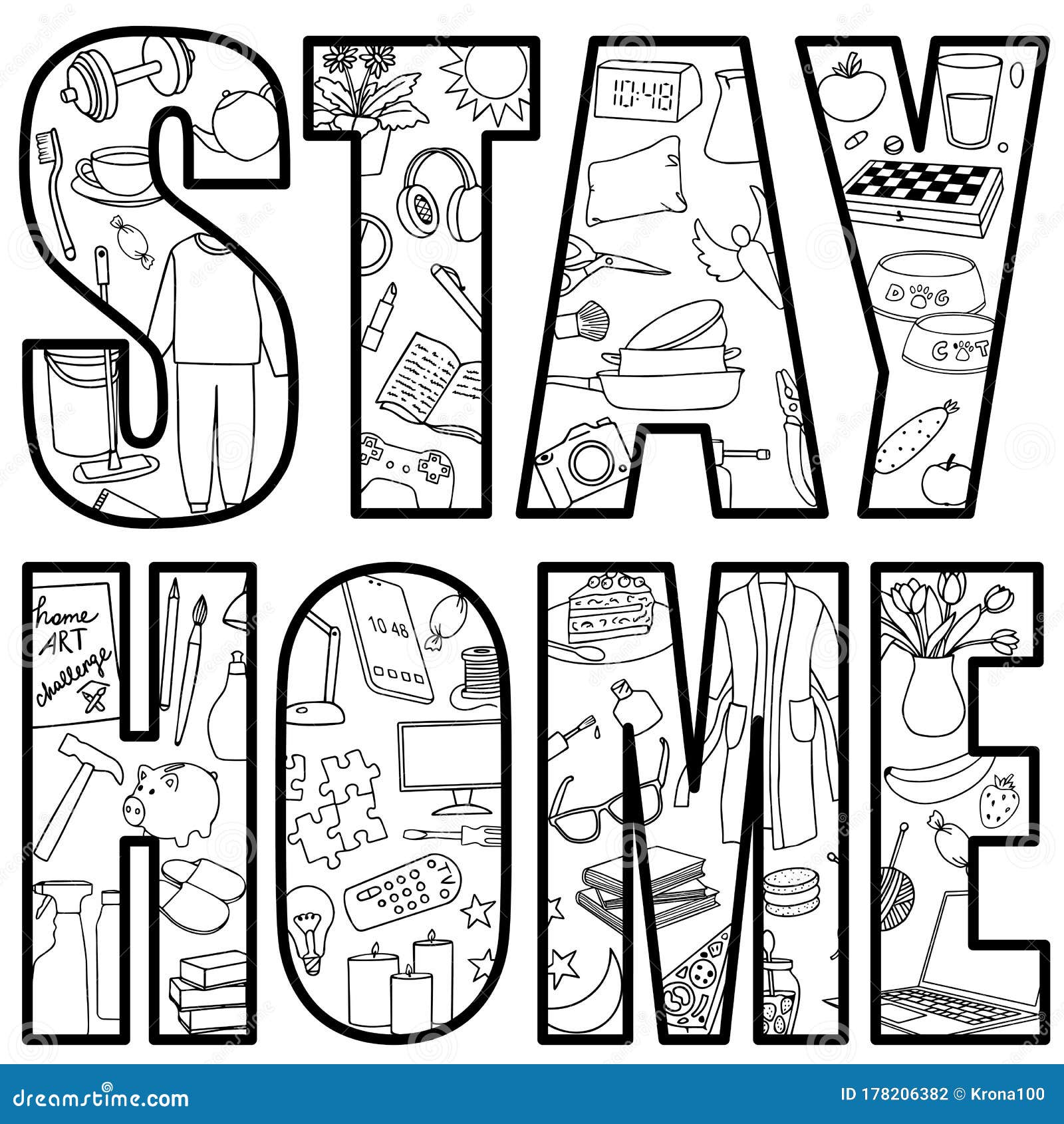 Stay Home Vector Illustration with Hand Drawn Home Objects Stock Vector ...