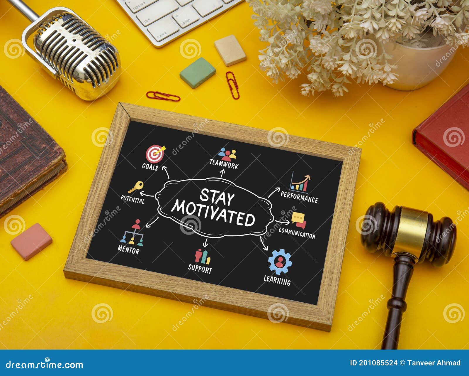 Stay Motivated Infographic on Slate in Office Table Top View Stock ...