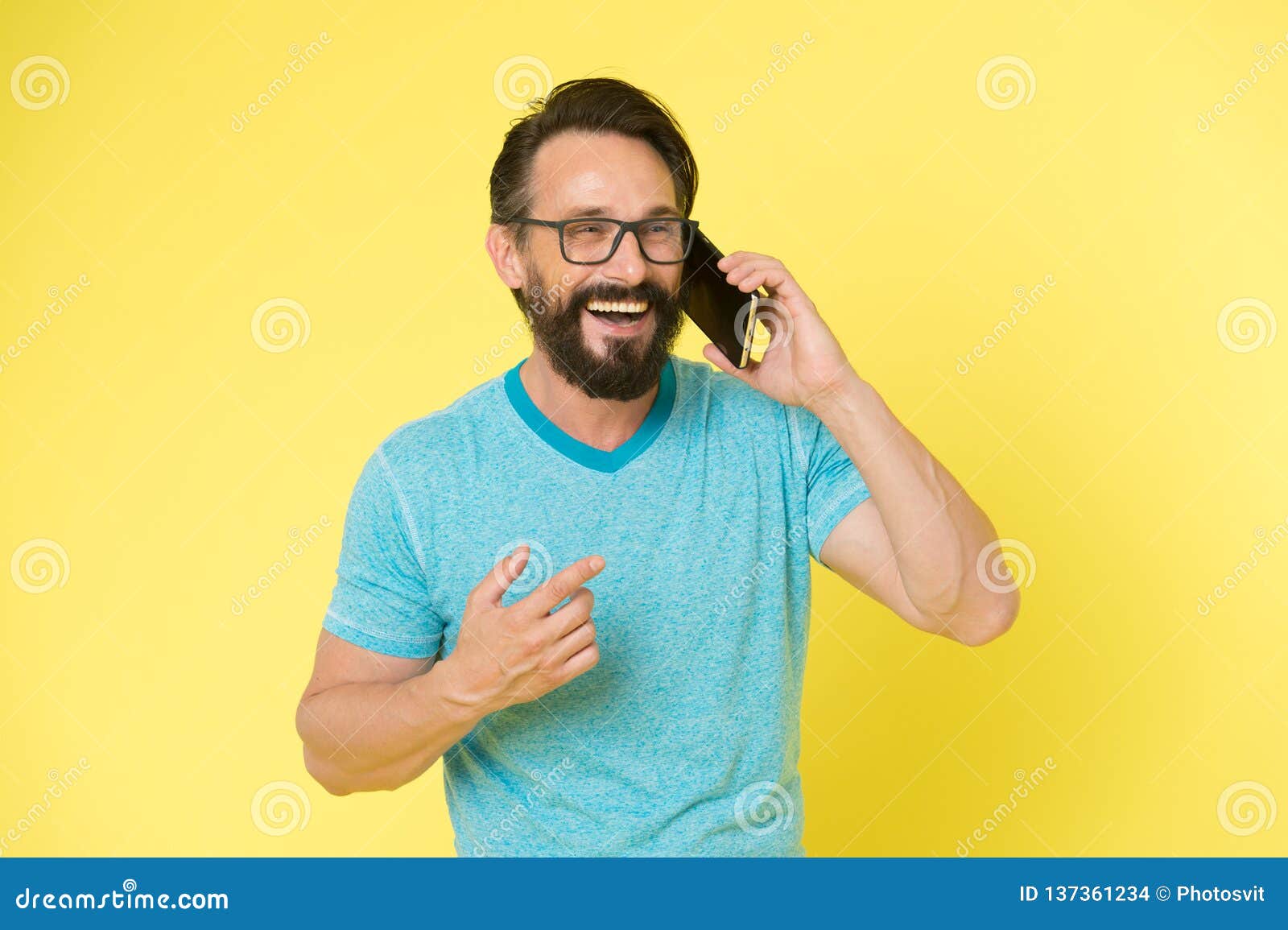 Stay In Touch Man Bearded Cheerful Mature Guy Hold Mobile Phone Yellow