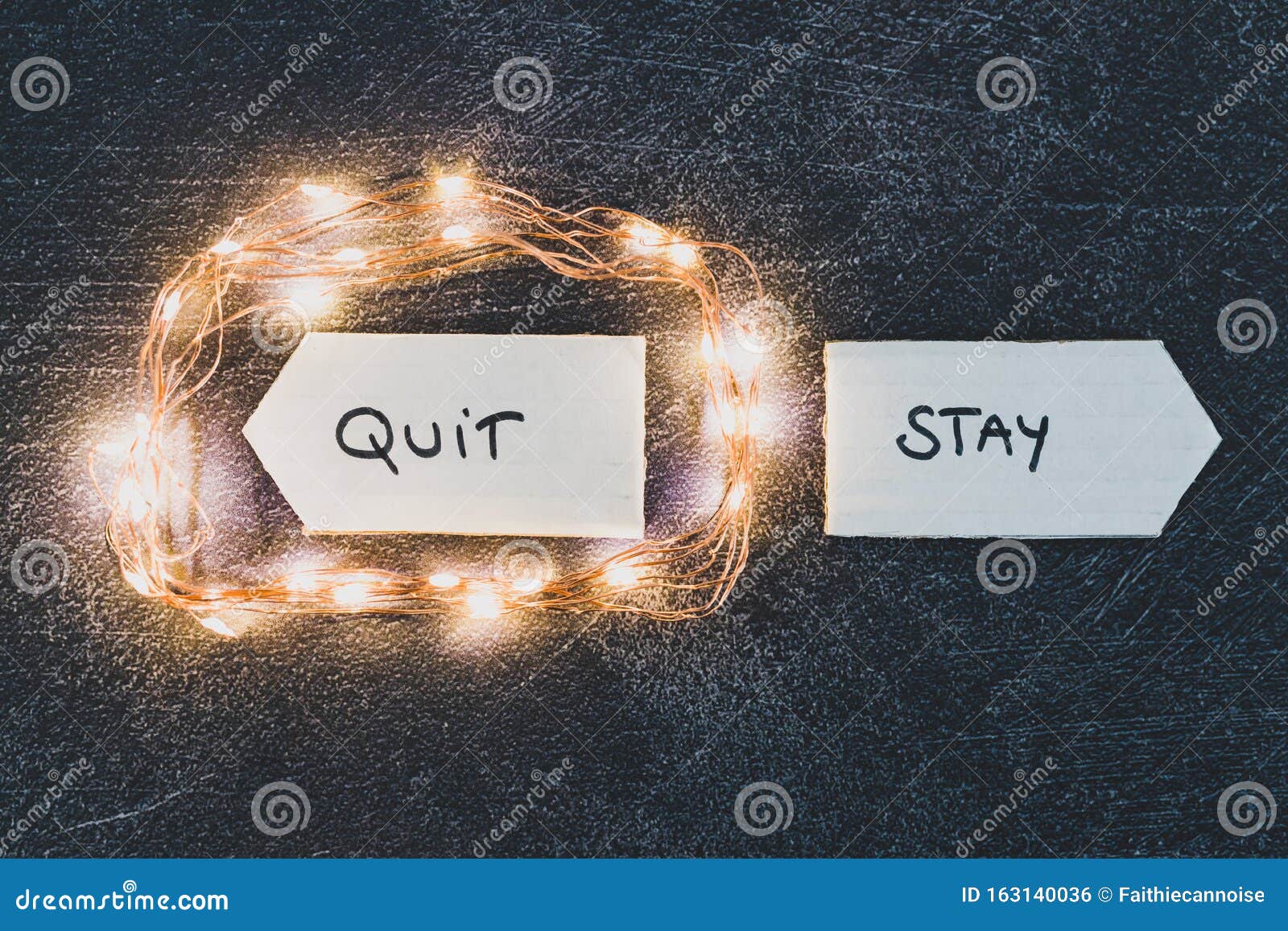 Stay Vs Quit Text on Signs Pointing at Opposite Directions with Led ... Stay Vs Quit Text on Signs Pointing at Opposite Directions with Led ...