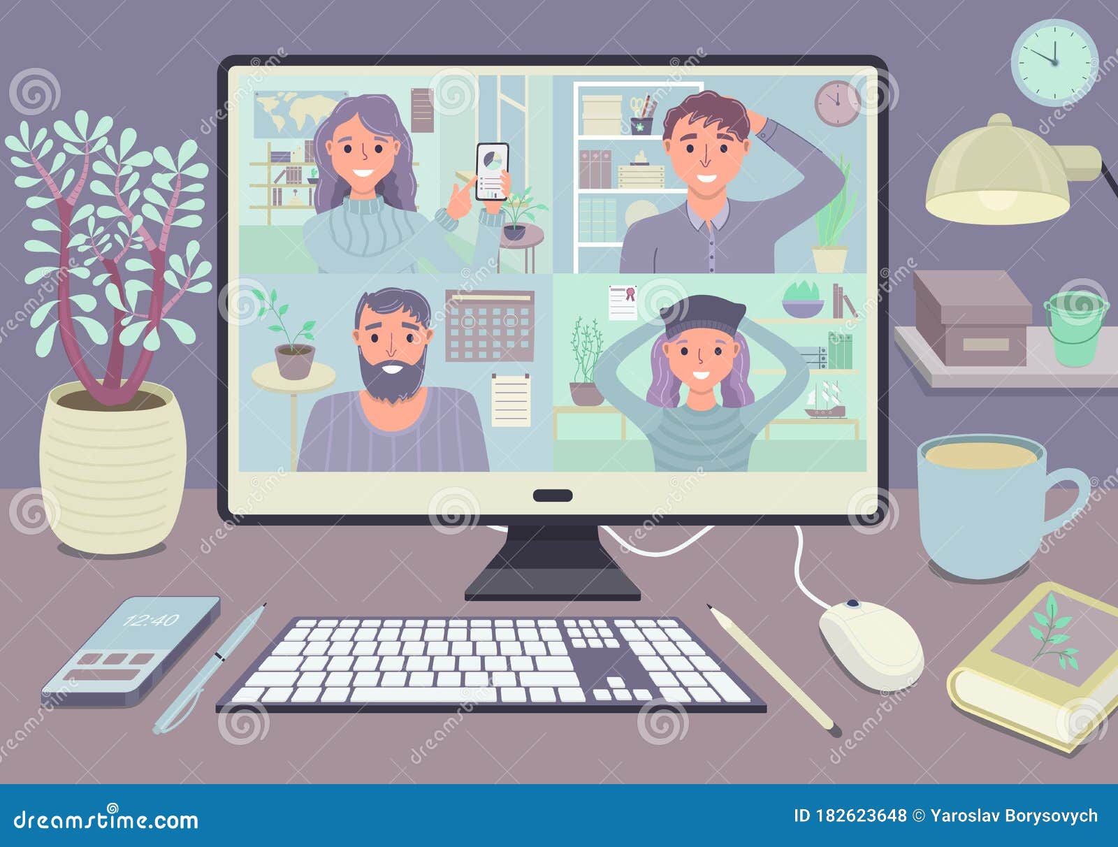 Stay and Work from Home Video Conference Meeting Concept. Workplace ...