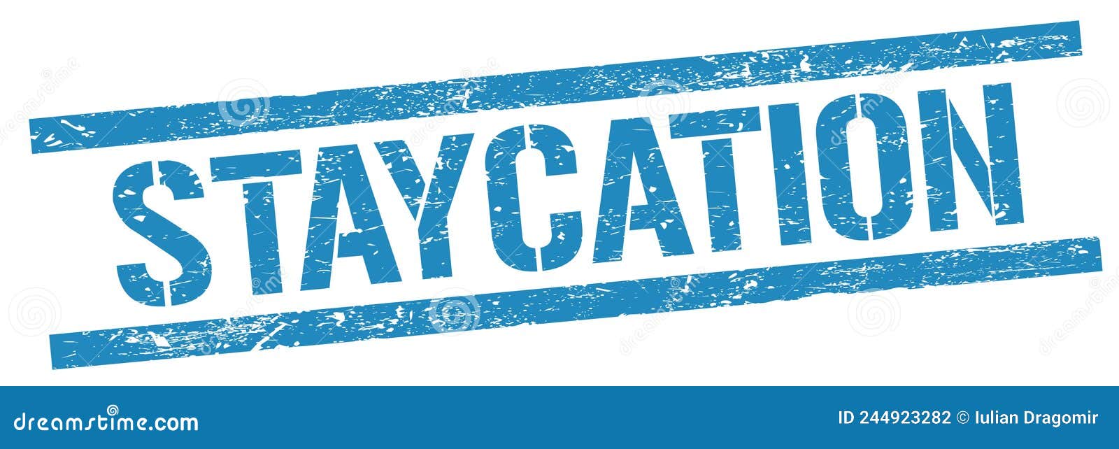STAYCATION Text on Blue Grungy Rectangle Stamp Stock Illustration ...
