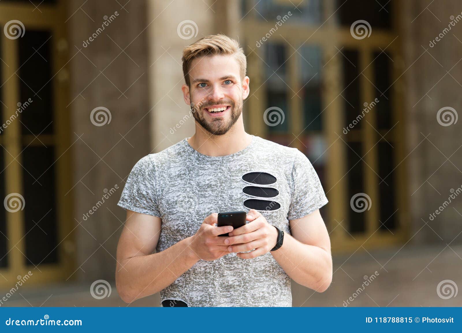 Staying In Touch Send Message Concept Man With Beard Walks With