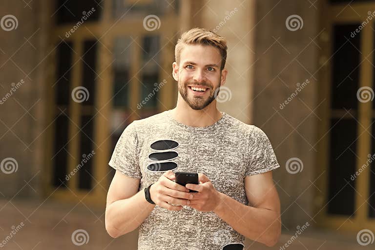 Staying In Touch Send Message Concept Man With Beard Walks With