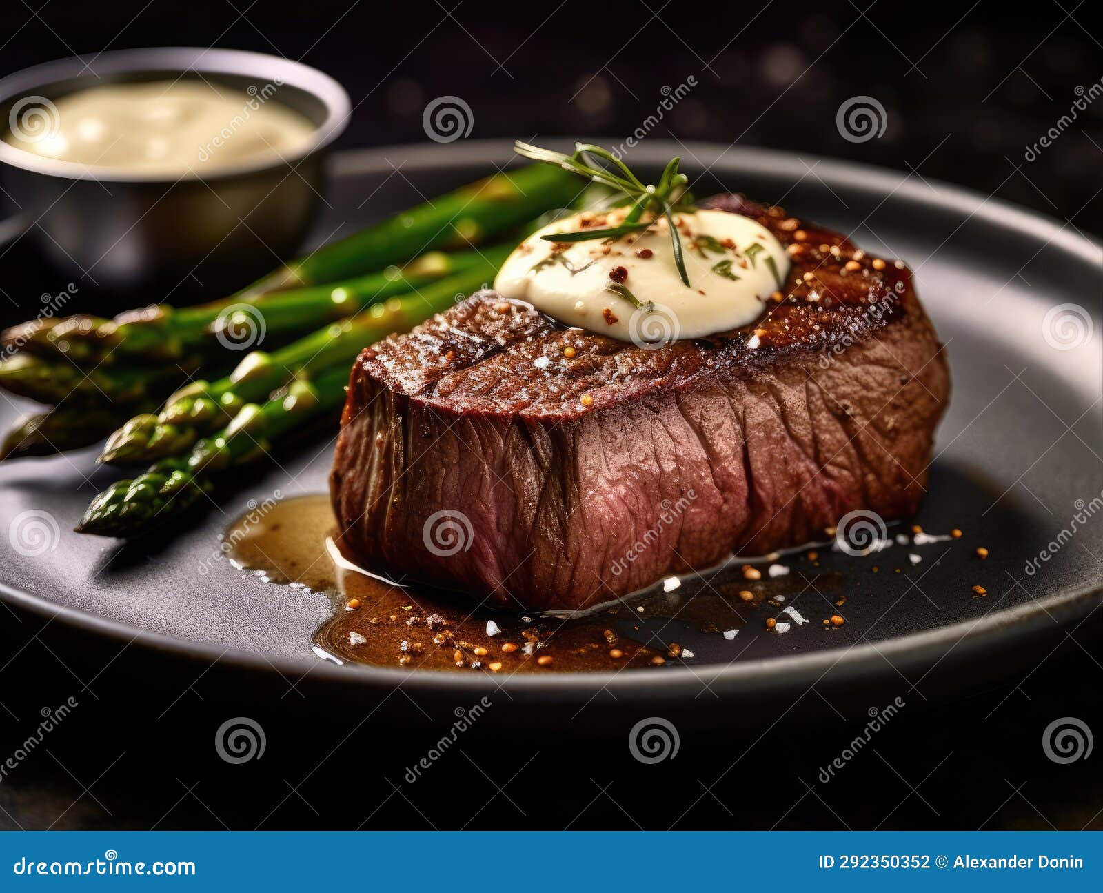 Steak with Asparagus and Mashed Potatoes on Plate in Restaurant Stock ...