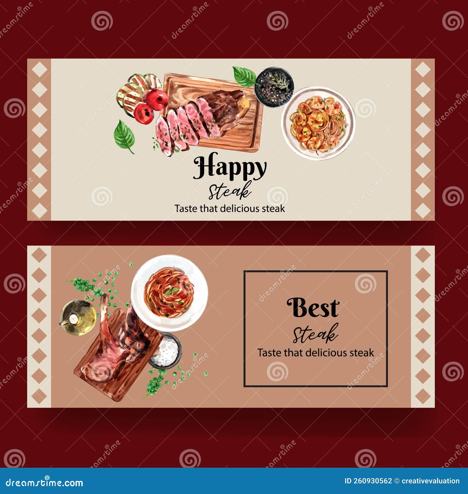 Steak Banner Design with Spaghetti, Steak Watercolor Illustration Stock ...