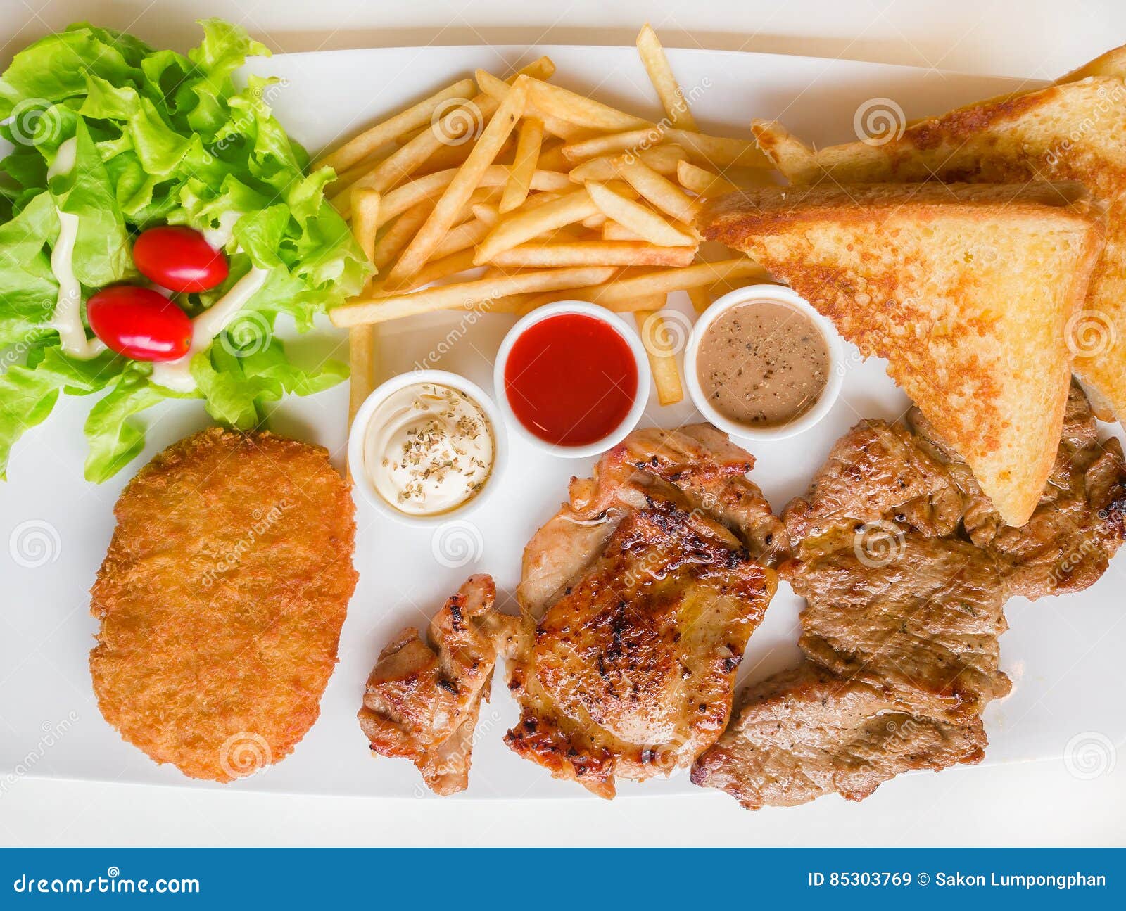 Steak combo stock image. Image of dinner, dish, black - 85303769