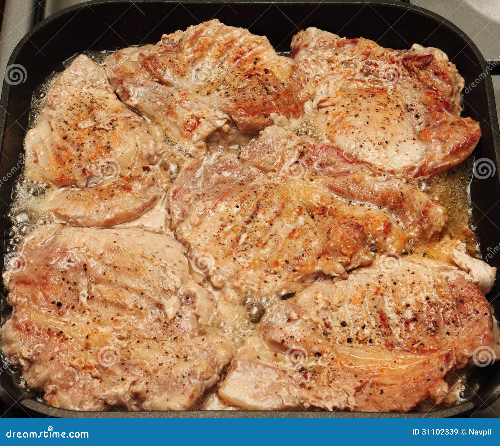 Steak cooking in a pan. stock image. Image of barbecue - 31102339