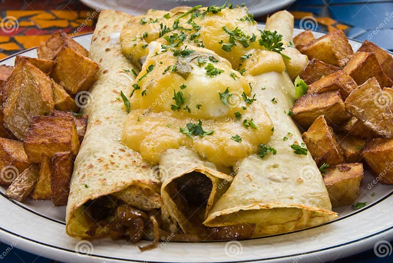 Steak Crepes with Scrambled Eggs Stock Image - Image of scrambled, eggs ...