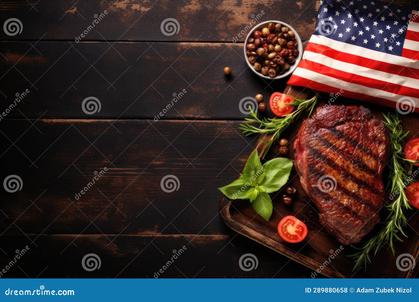 A Steak and a Flag on a Wooden Tray Stock Illustration - Illustration ...