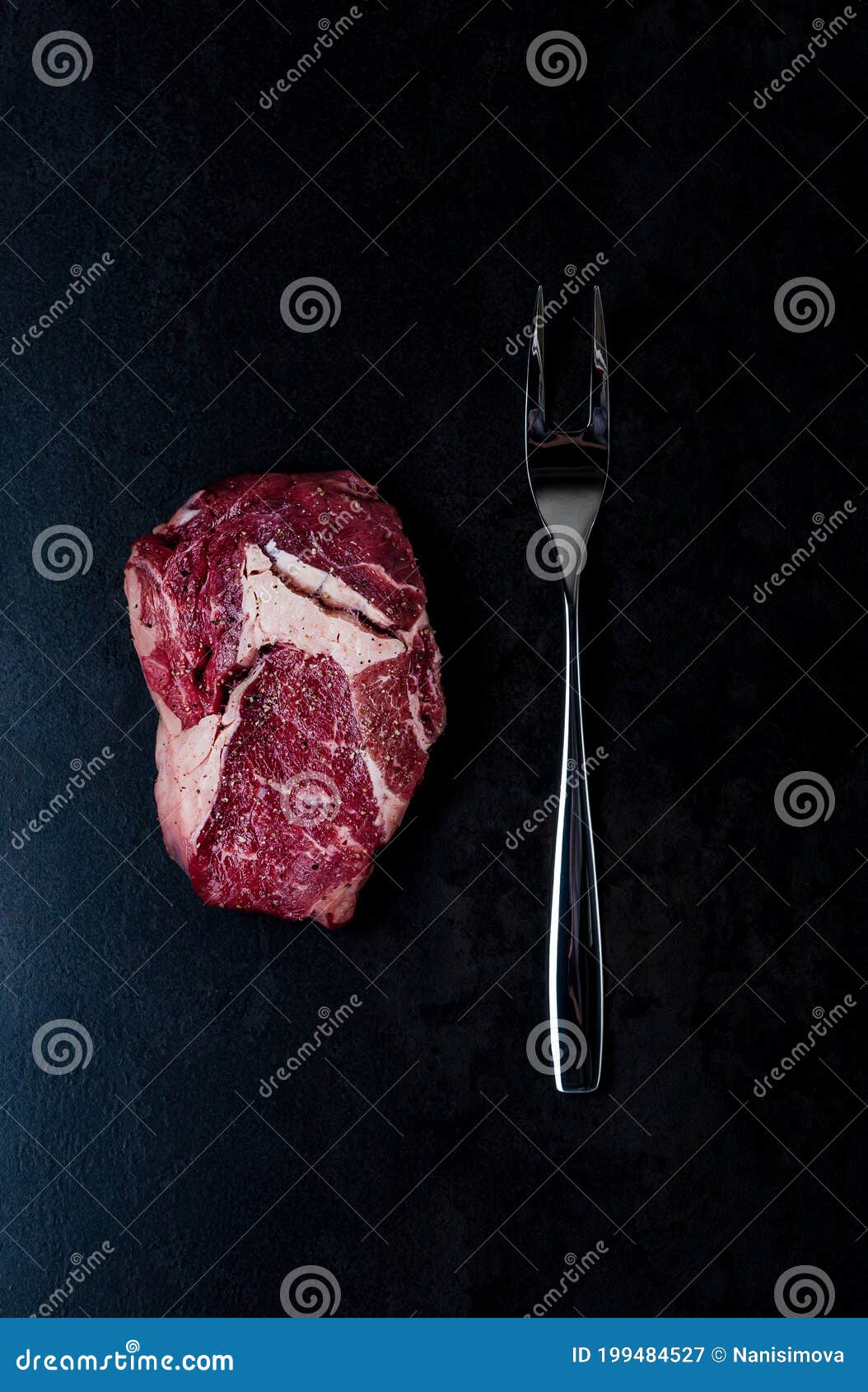 Steak and fork top view stock image. Image of detail - 199484527