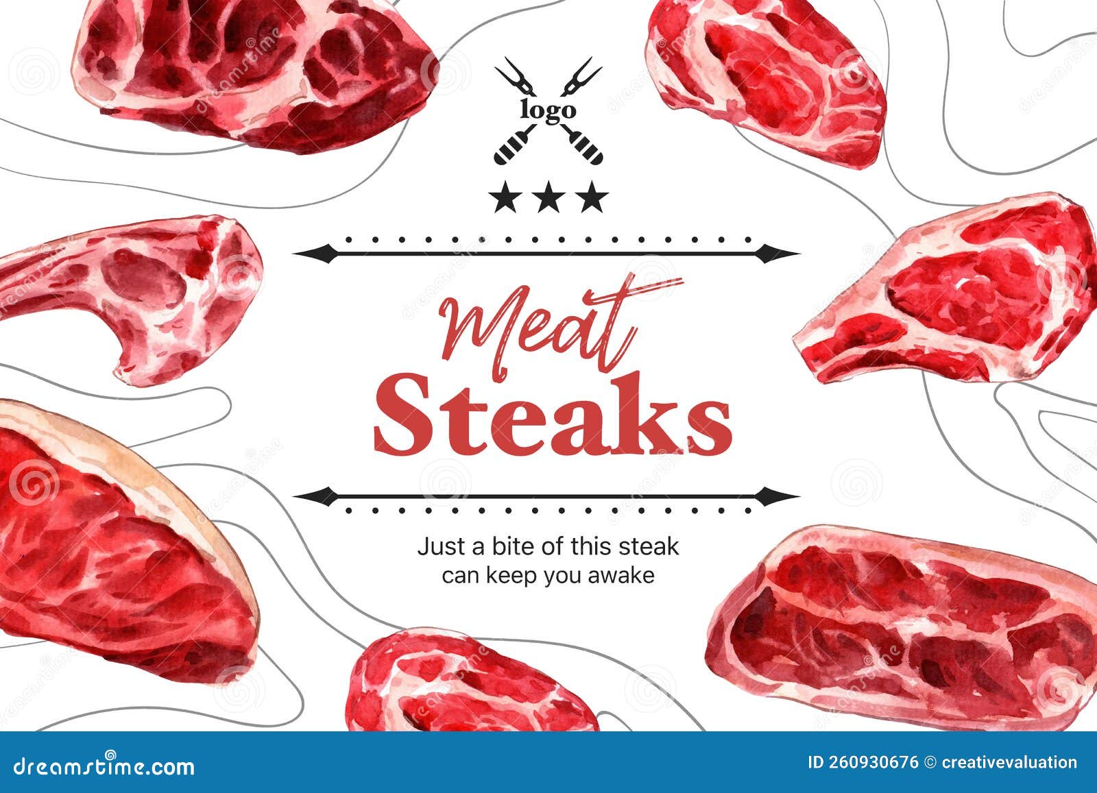 Steak Frame Design with Various Types of Meat Watercolor Illustration ...