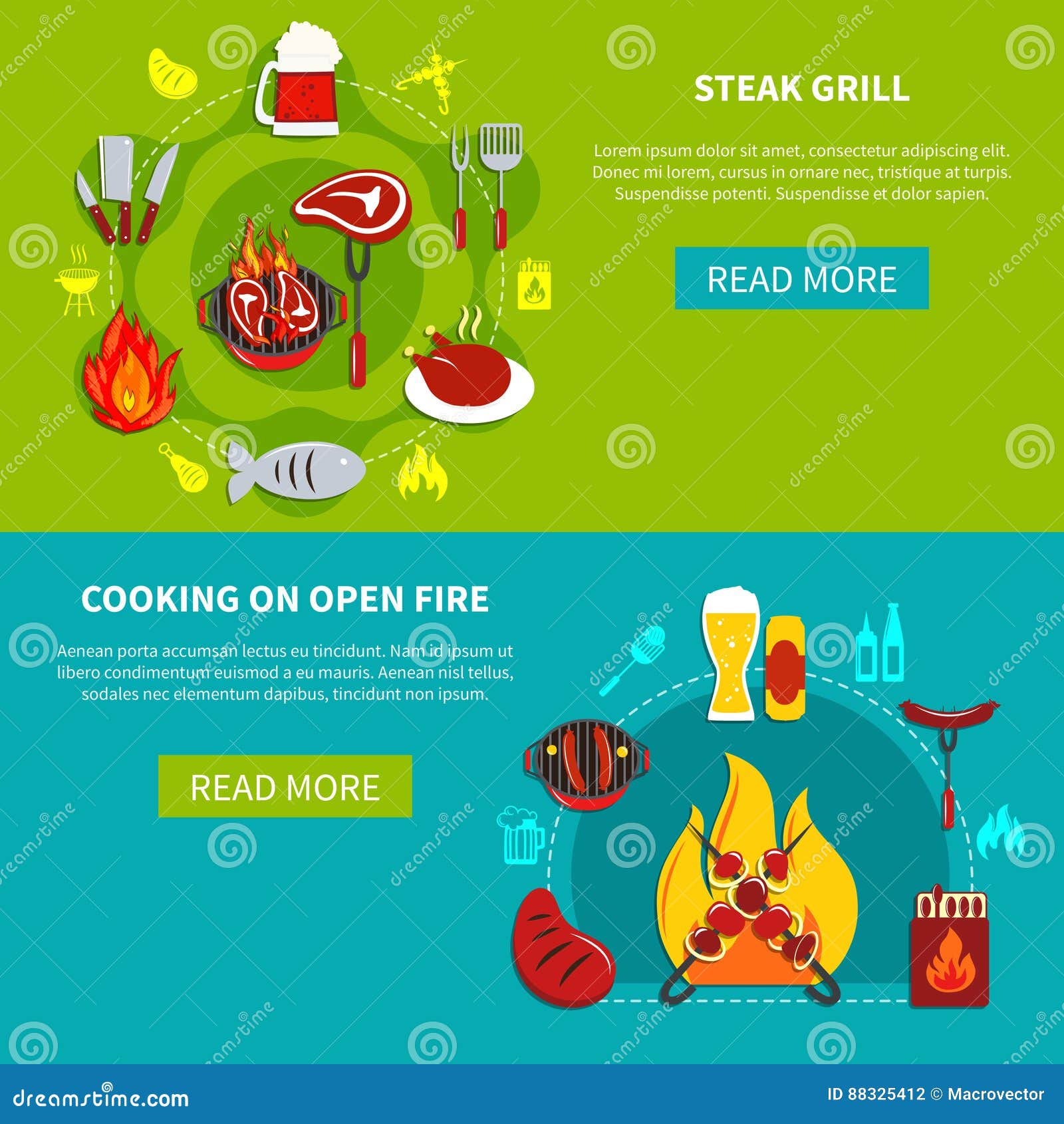 Steak Grill and Cooking on Open Fire Flat Stock Vector - Illustration ...