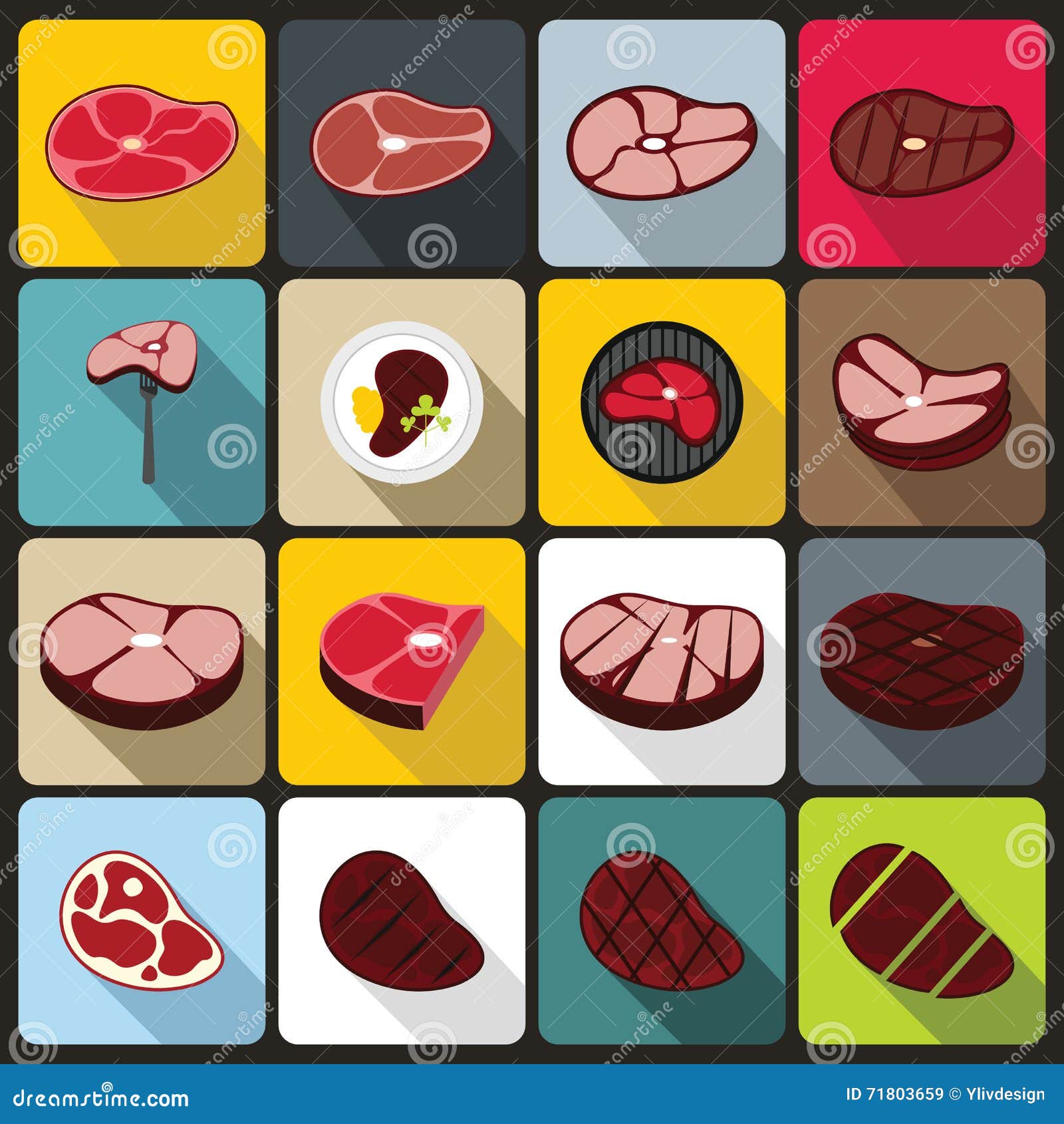 Steak Icons Set, Flat Style Stock Vector - Illustration of menu, meal ...