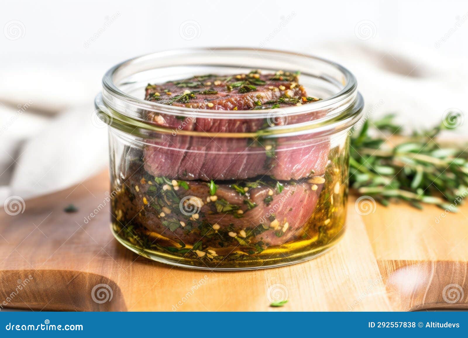 Steak Marinating with Herb Rub Inside a Glass Container Stock Photo ...