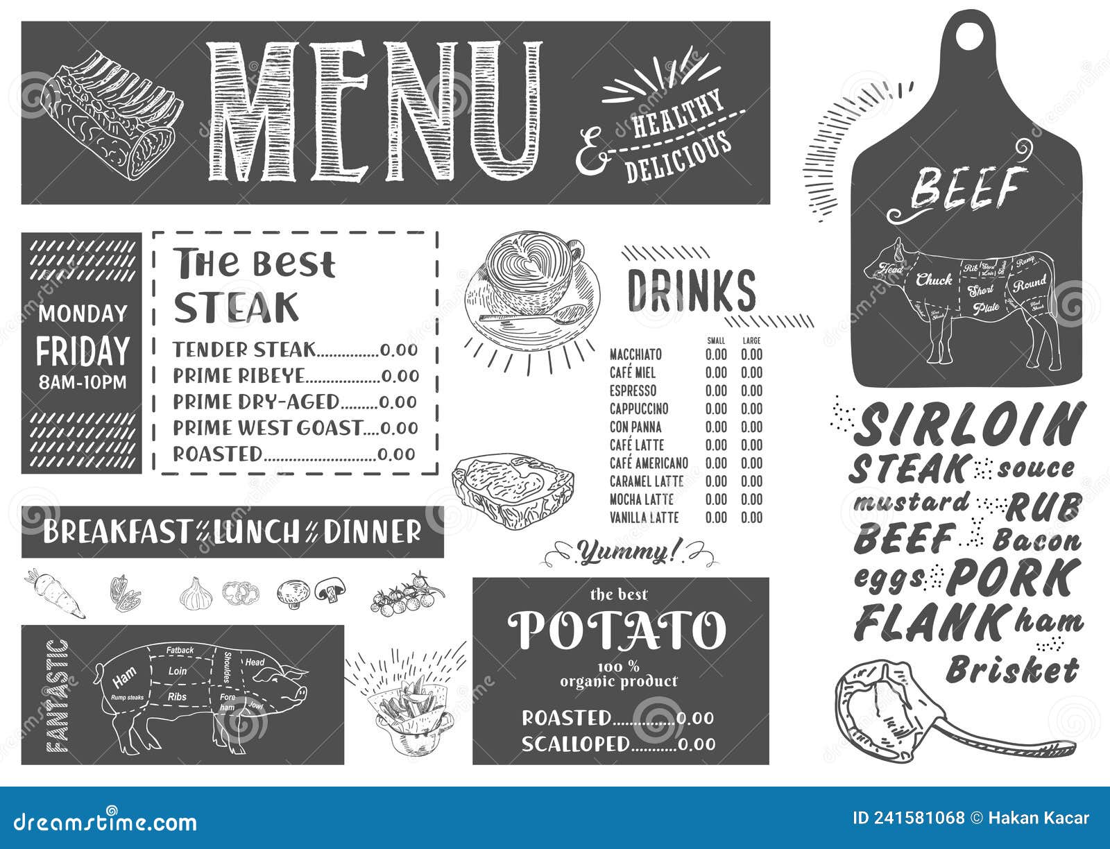Steak Menu for Restaurant and Cafe Stock Vector - Illustration of cafe ...