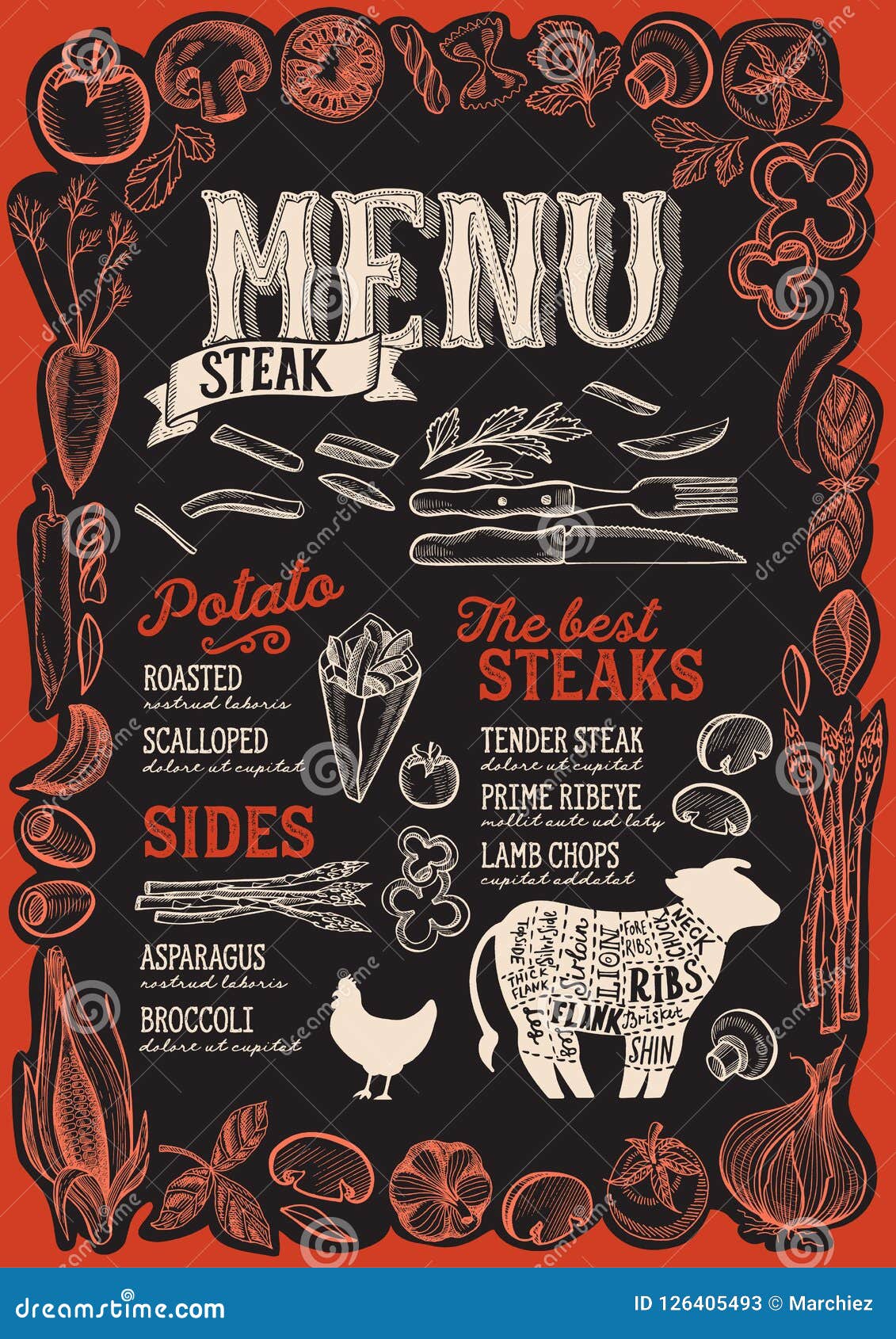 Steak Menu for Restaurant with Frame of Graphic Vegetables. Stock ...