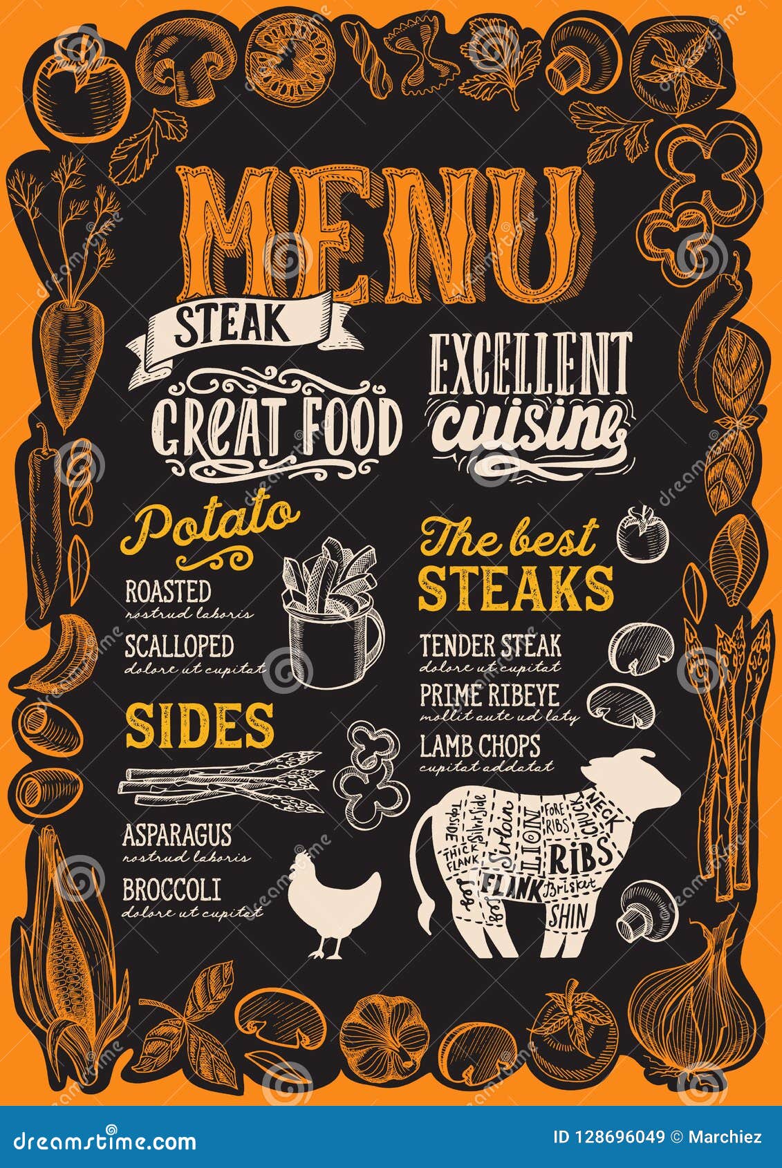 Steak Menu for Restaurant with Frame of Graphic Vegetables. Stock ...