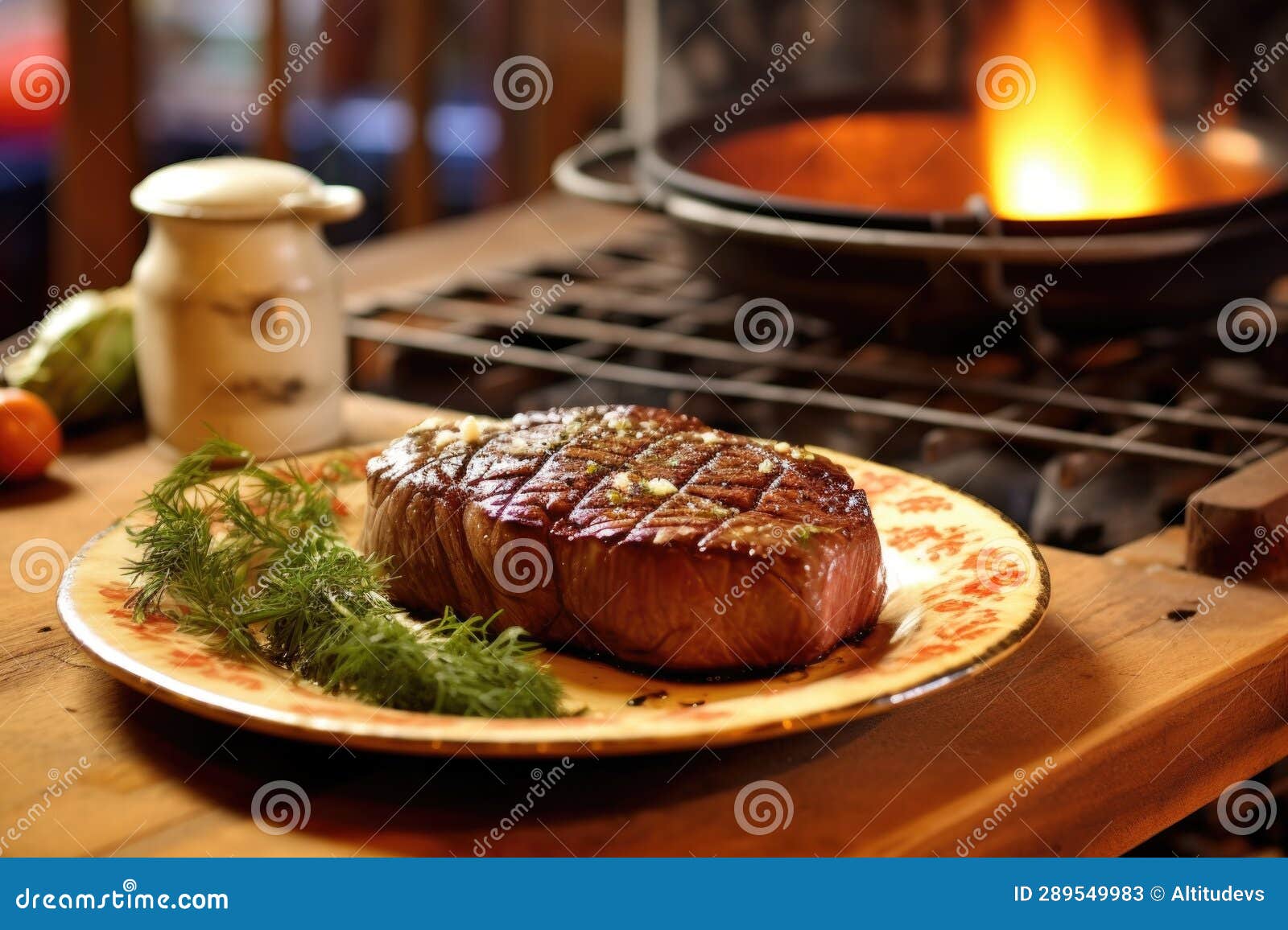 Steak Resting on a Plate with Grill in Background Stock Image - Image ...
